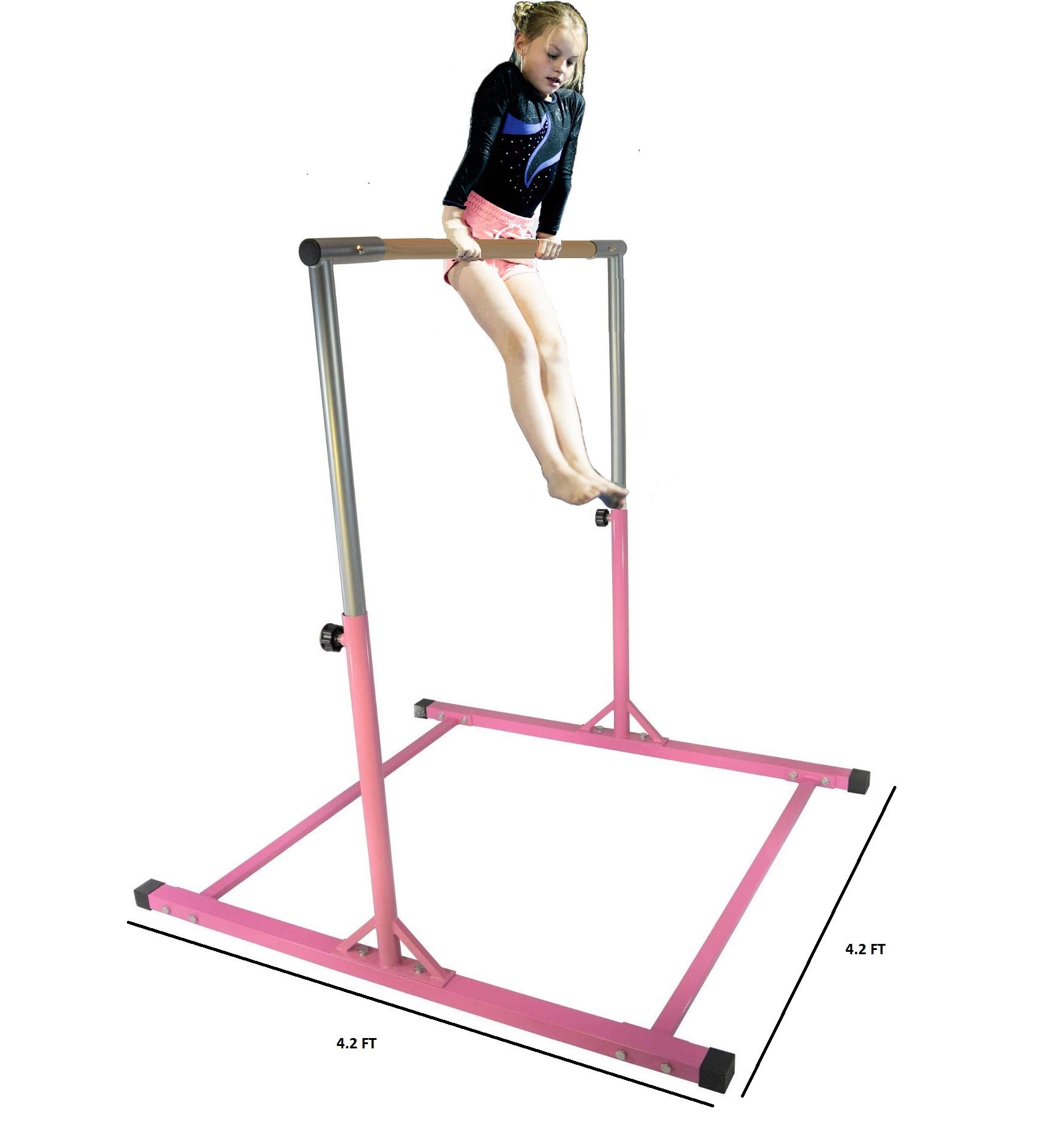 Kids Expandable Kip Bar with Tumble Mat Professional Horizontal Gymnastics Asymmetric Bar 4x6 FT Mat Jungle Gym Height Adjustable 3 to 5 FT Pink