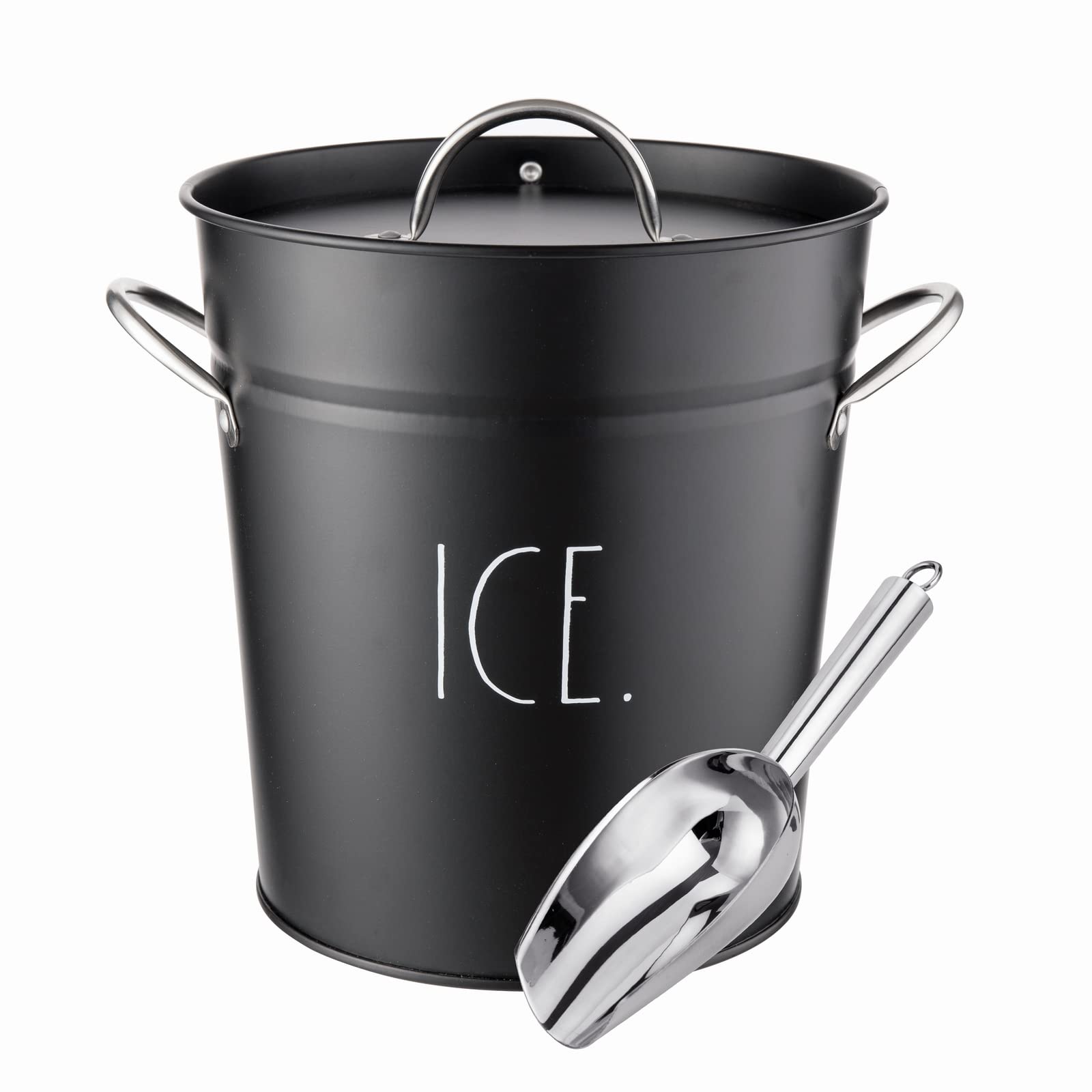 Rae Dunn Ice Bucket with Scoop - Stainless Steel Bucket with Handle, Lid and Ice Scooper - 4 Qt. Storage Bin for Ice Cubes for Bars, Parties, Backyard Barbeques, Picnics, and Camping (White)