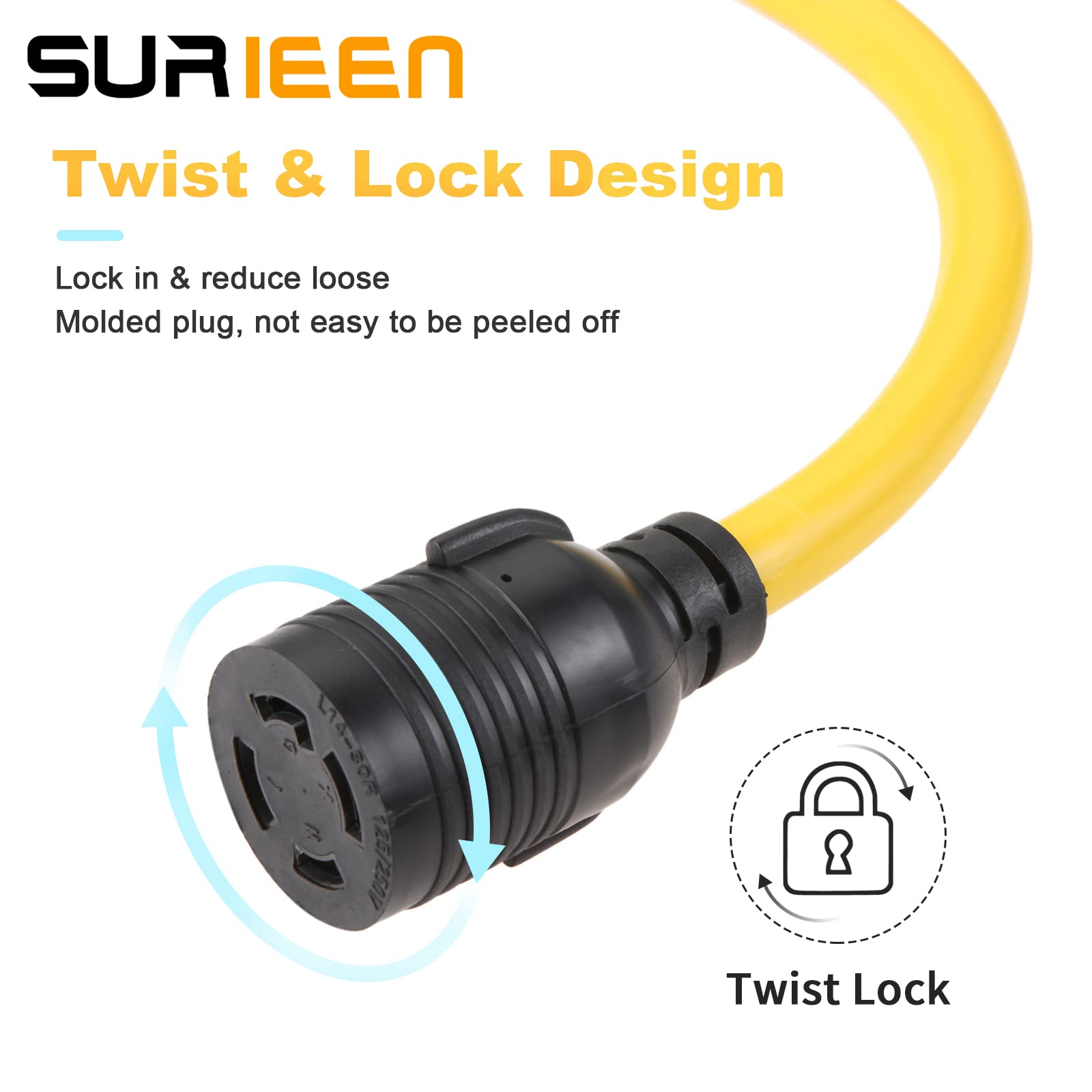 SURIEEN NEMA TT-30P to L14-30R Adapter Cord, 30 Amp 3 Prong to 4 Prong Generator Plug Adapter, Generator Transfer Switch Adapter Cord, RV Generator Plug to Inlet Box, STW 10 AWG, 1.5FT