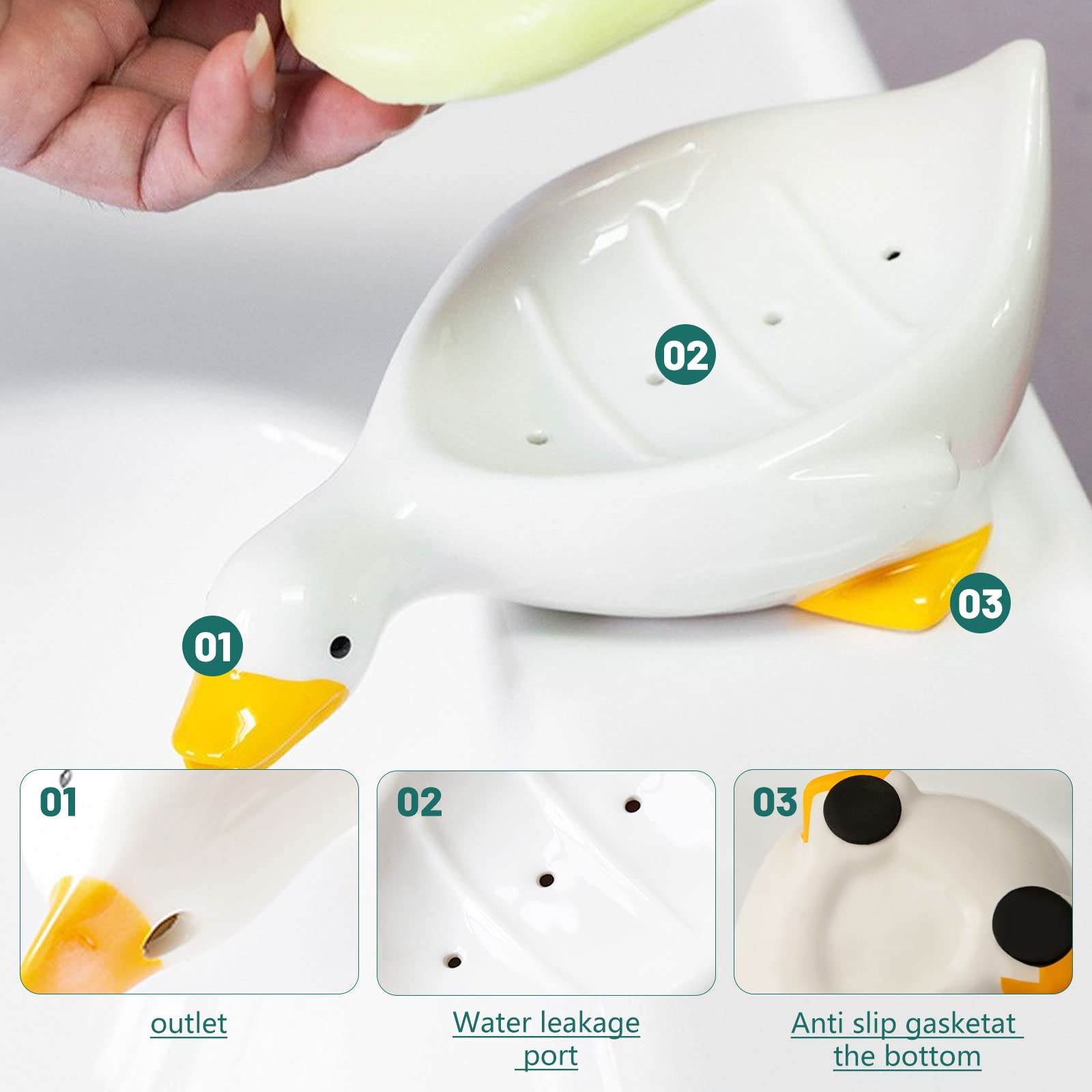 Longzhuo Cute Duck Soap Dish, 2Pcs Ceramic Soap Dish with Draining, Ceramic Soap Tray, Portable Soap Holder, Cute Duck Soap Shelf for Bathroom, Bathtub, Kitchen Sink Soap Box (White + Green)