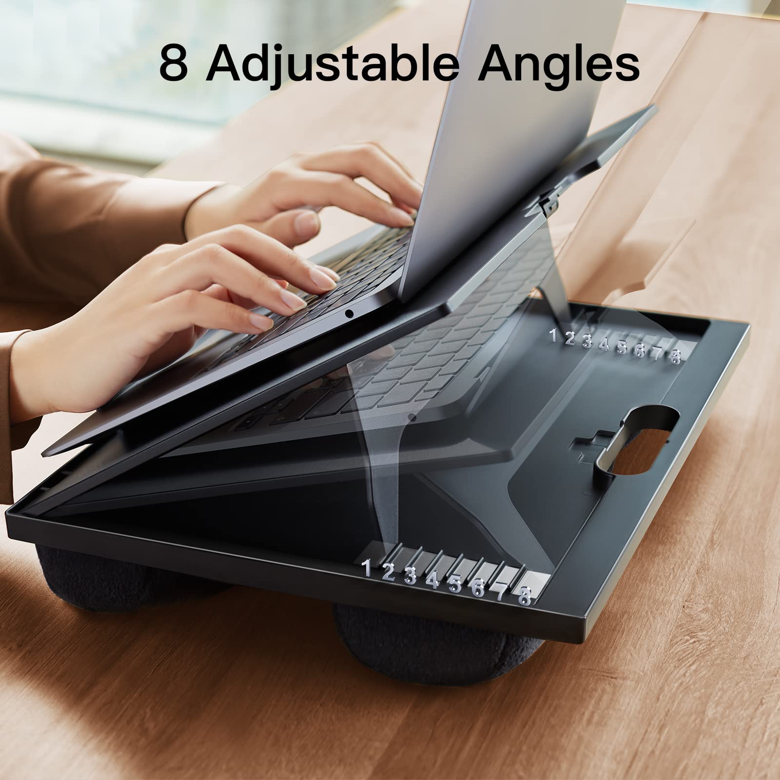 LORYERGO Laptop Lap Desk - Adjustable Lap Desk for Laptop with 8 Angles & Dual Cushions, Computer Lap Desk Fits up to 15.6 Inch Laptops, Portable Laptop Desk Lap Table with Handle for Bed/ Sofa/ Car