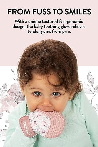 Malarkey Kids Baby Teething Mitten, Munch Mitt Baby Chew Toy - Protects Hands from Chewing & Saliva, Heals Aching Gums, Promotes Sound & Visual Stimulation for Babies Up to 1-Year-Old (Spring Flower)