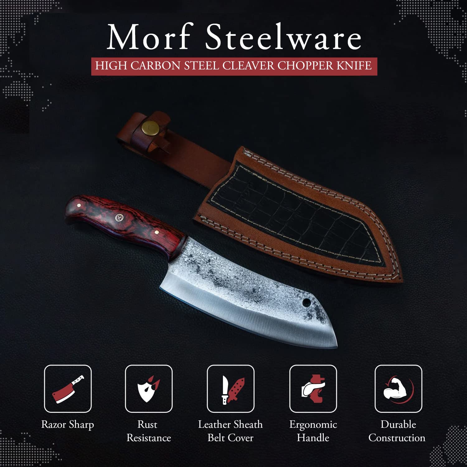 Morf Steelware High Carbon Steel Cleaver Chopper Knife, 9.75 inch Kitchen Knife with Leather Sheath, Chopping & Cutting Chef Knife For Meat and Vegetable - Red Pakka Wood Handle
