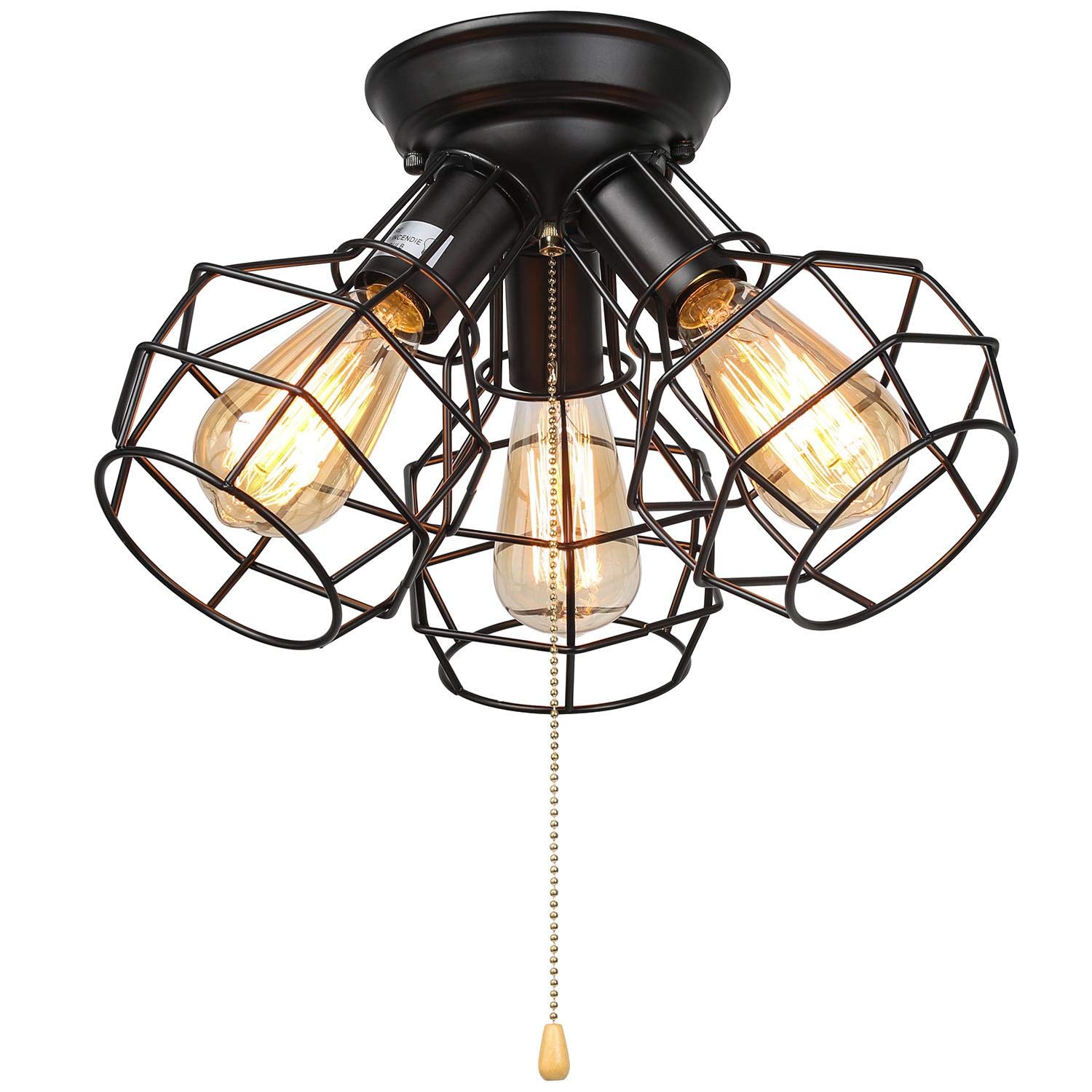 LOG BARN Ceiling Light Fixture with Pull Chain, Wire Cage Light Fixture in Black Finish for Bedroom, Kitchen Island, 15 inches