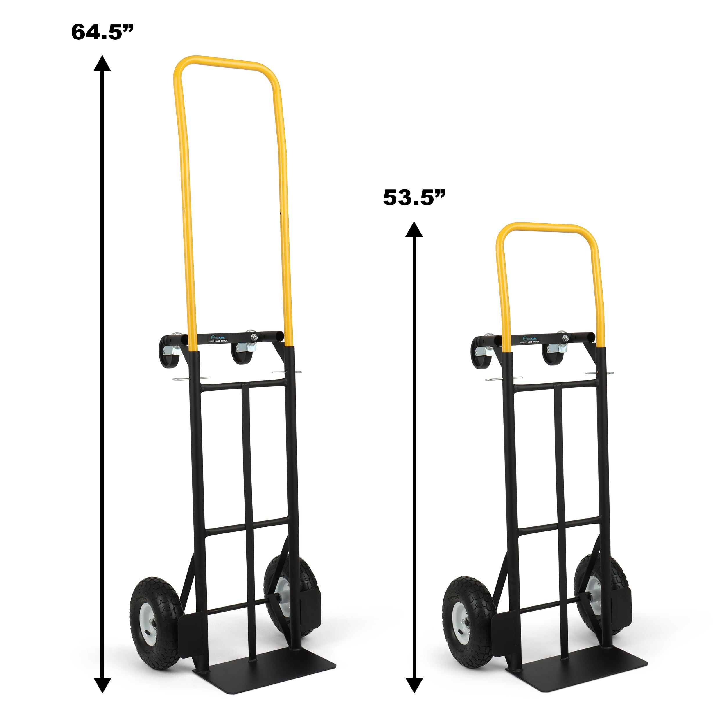 Simpli-Magic 800 lb Capacity 2 in 1 Convertible Hand Truck and Dolly with 10" Flat-Free Solid Rubber Wheels,Black with Yellow Handle.