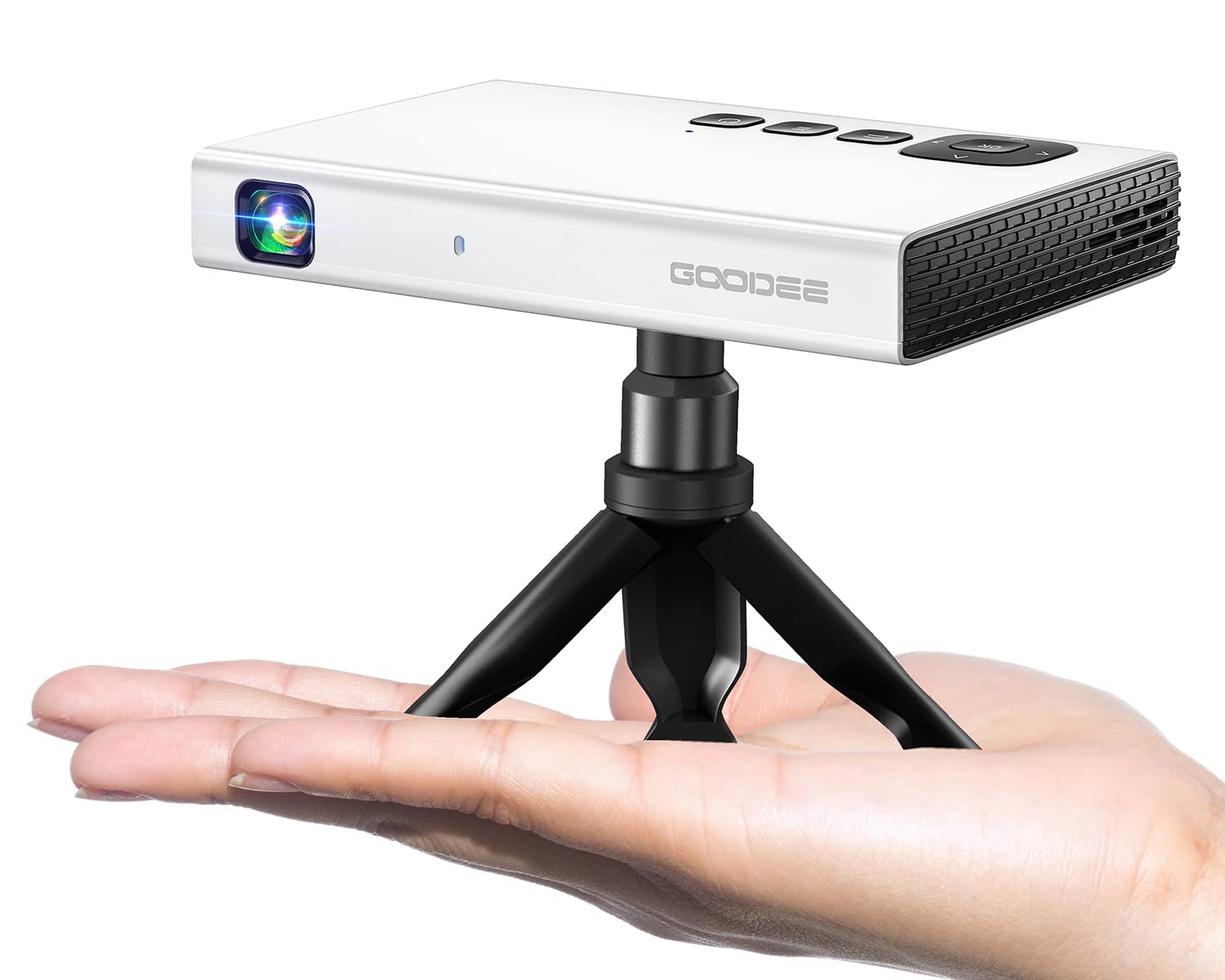 Mini Projector with WiFi and Bluetooth, GooDee Portable Video DLP Projector with Tripod&Bag, Pico 1080P Outdoor Movie Projector, Pocket Rechargeable Battery Short Throw for iPhone/Android/Cookie/Paint