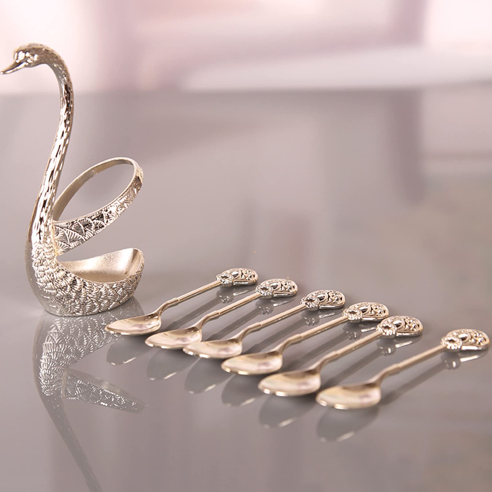 Metal Swan Base Spoon Fork Holder Set, Coffee Fruit Dessert Flatware Dinnerware Set for Decorative Swan Base Holder with 6 Forks or 6 Spoons (Silver spoon-4.9x2.2in)