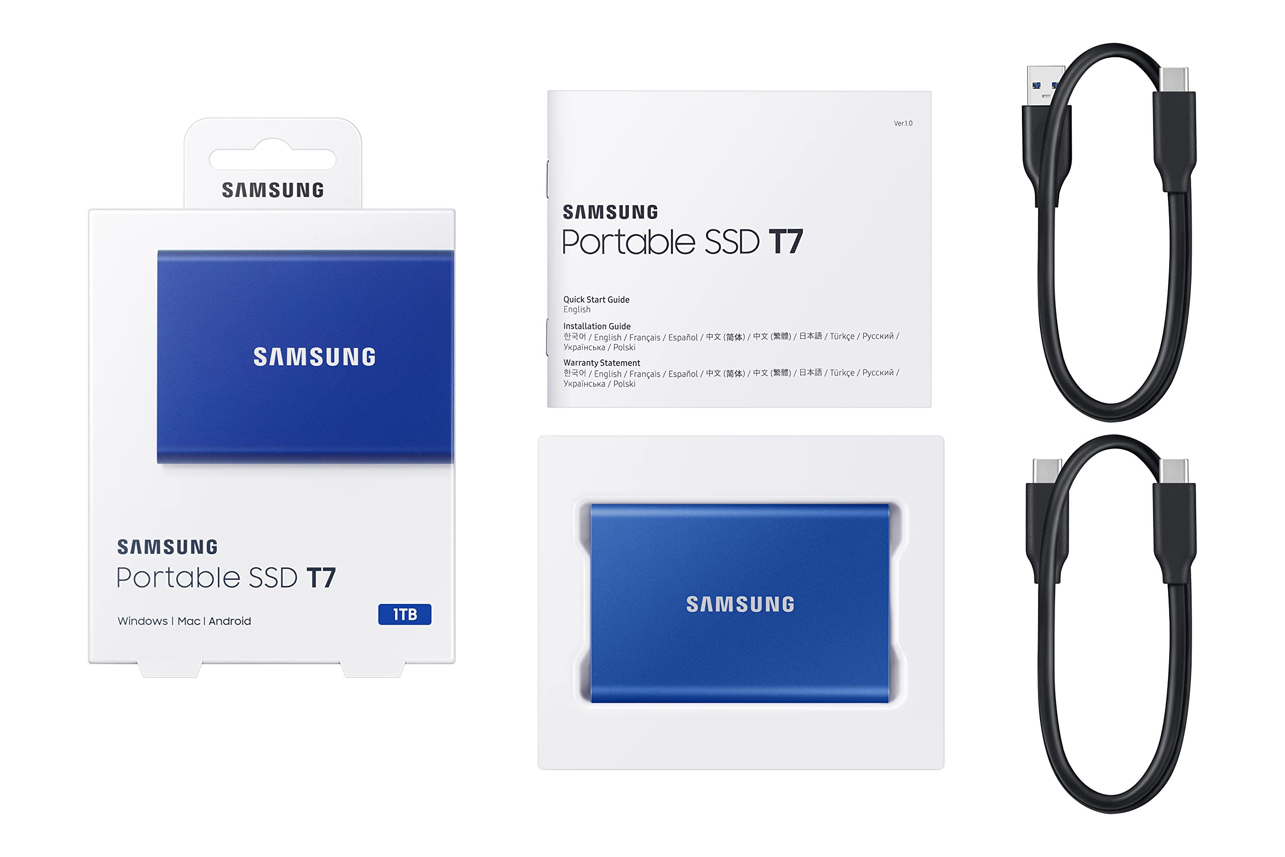 SAMSUNG SSD T7 Portable External Solid State Drive 1TB, Up to USB 3.2 Gen 2, Reliable Storage for Gaming, Students, Professionals, MU-PC1T0H/AM, Blue