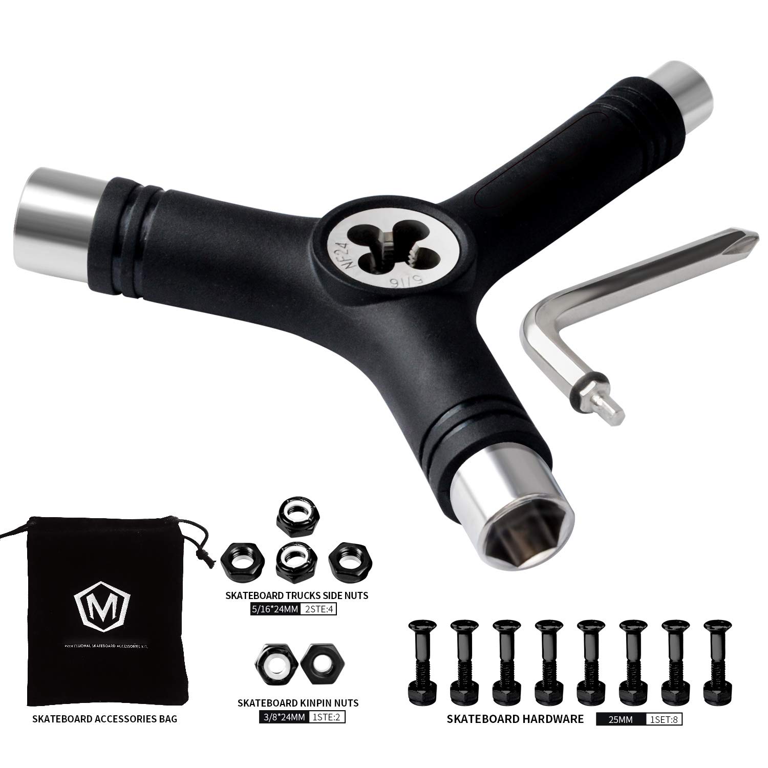 LOSENKA Skateboard Tool, T Y Skate Tool and Allen Key with Cross Screwdriver Head and Skateboard Hardware, Universal for Longboard Skateboard and More (Y Tool and Hardware Black)