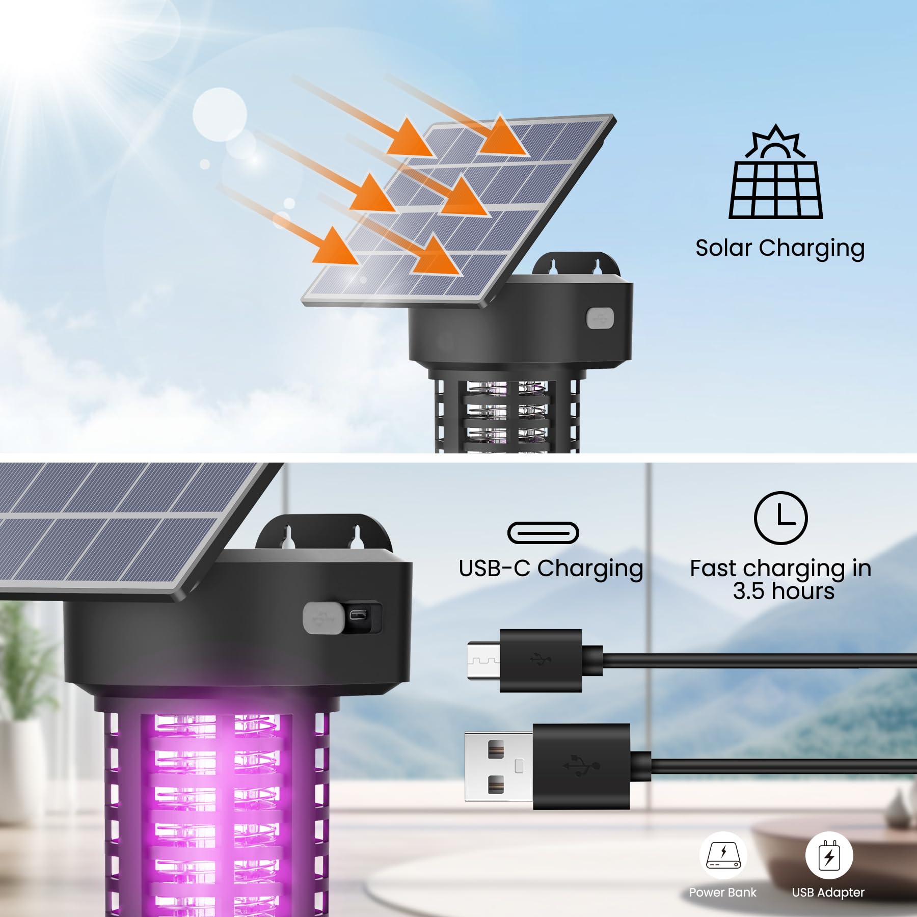 Solar Bug Zapper Outdoor Mosquito Trap Killer Mosquito Killer Lamp,Cordless & Rechargeable ,Fly Zapper Mosquito Catcher Lamp Decor Light for Patio Garden