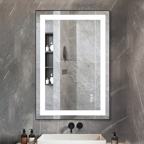 LifeSky LED Bathroom Mirror Framed - 36x24 Anti Fog LED Wall Mounted Lighted Bathroom Mirror - Front Lit Dimmable LED Vanity Mirror Black