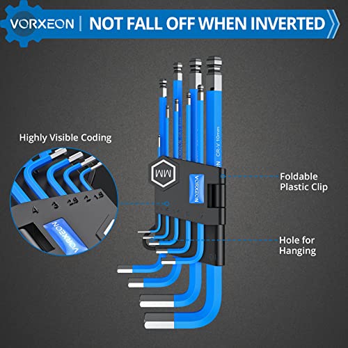 VORXEON 9PCS Allen Wrench Hex Key Set, Metric Long Ball End Allen Key Set L-key with Visible Coding for Bike Motorcycle Repair Furniture Assembly Household DIY (1.5mm-10mm)