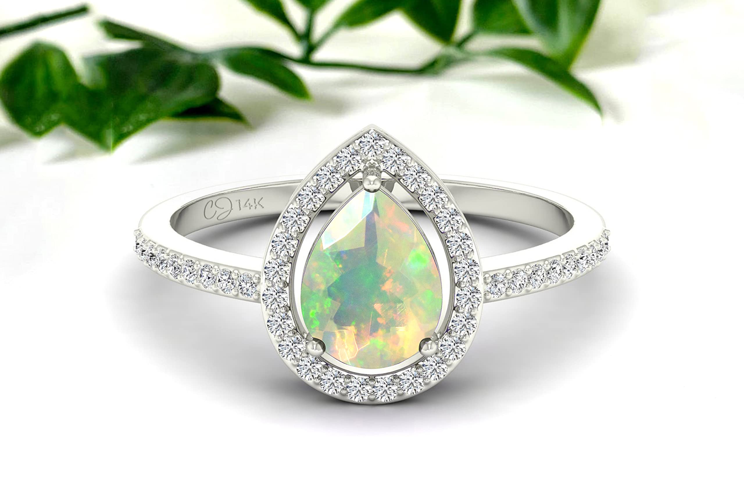 mirahi by chordia jewels Pear Shaped Halo Ring, 8x6mm Opal Engagement Ring, Unique Diamond Ring with Side Stone White Gold