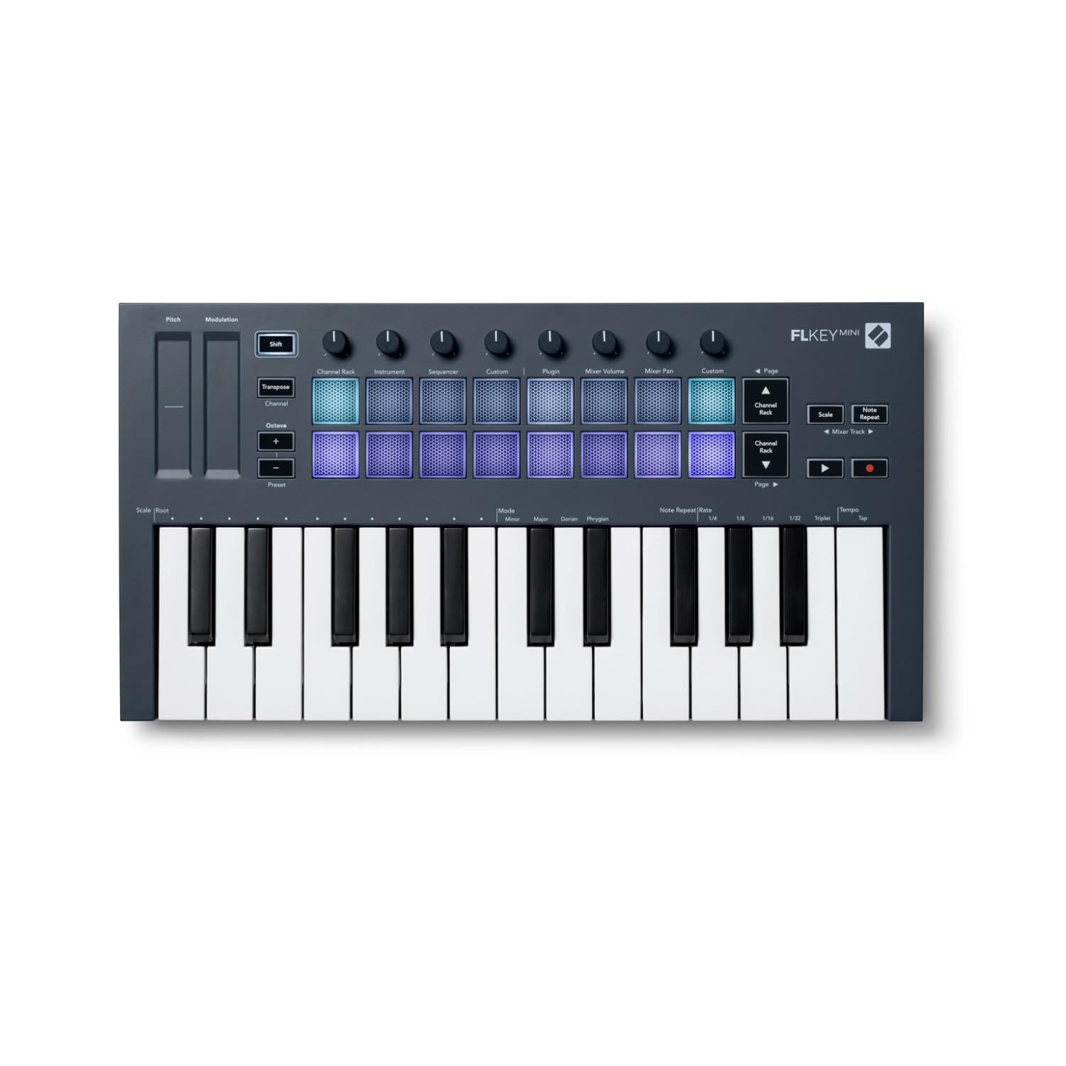 Novation FLkey Mini 25-Key MIDI Keyboard Controller for FL Studio Bundle with 20 Fruity Edition Software (Boxed), Keyboard Piano Style Sustain Pedal (Black) and 4-Port USB 3.0 Hub (4 Items)