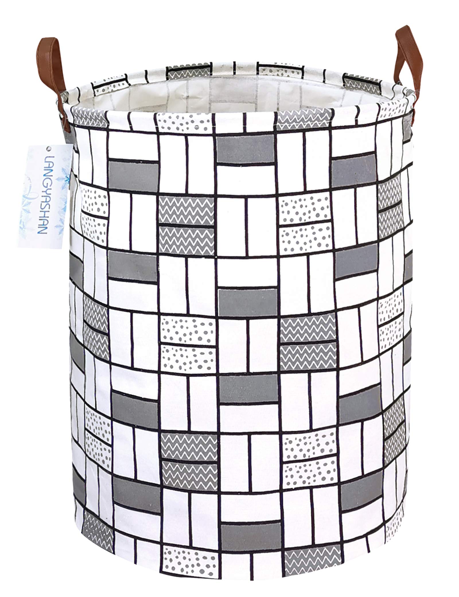 LANGYASHAN Storage Bin, Canvas Fabric Collapsible Organizer Basket for Laundry Hamper,Toy Bins,Gift Baskets, Bedroom, Clothes,Baby Nursery (Round Grey bricks)