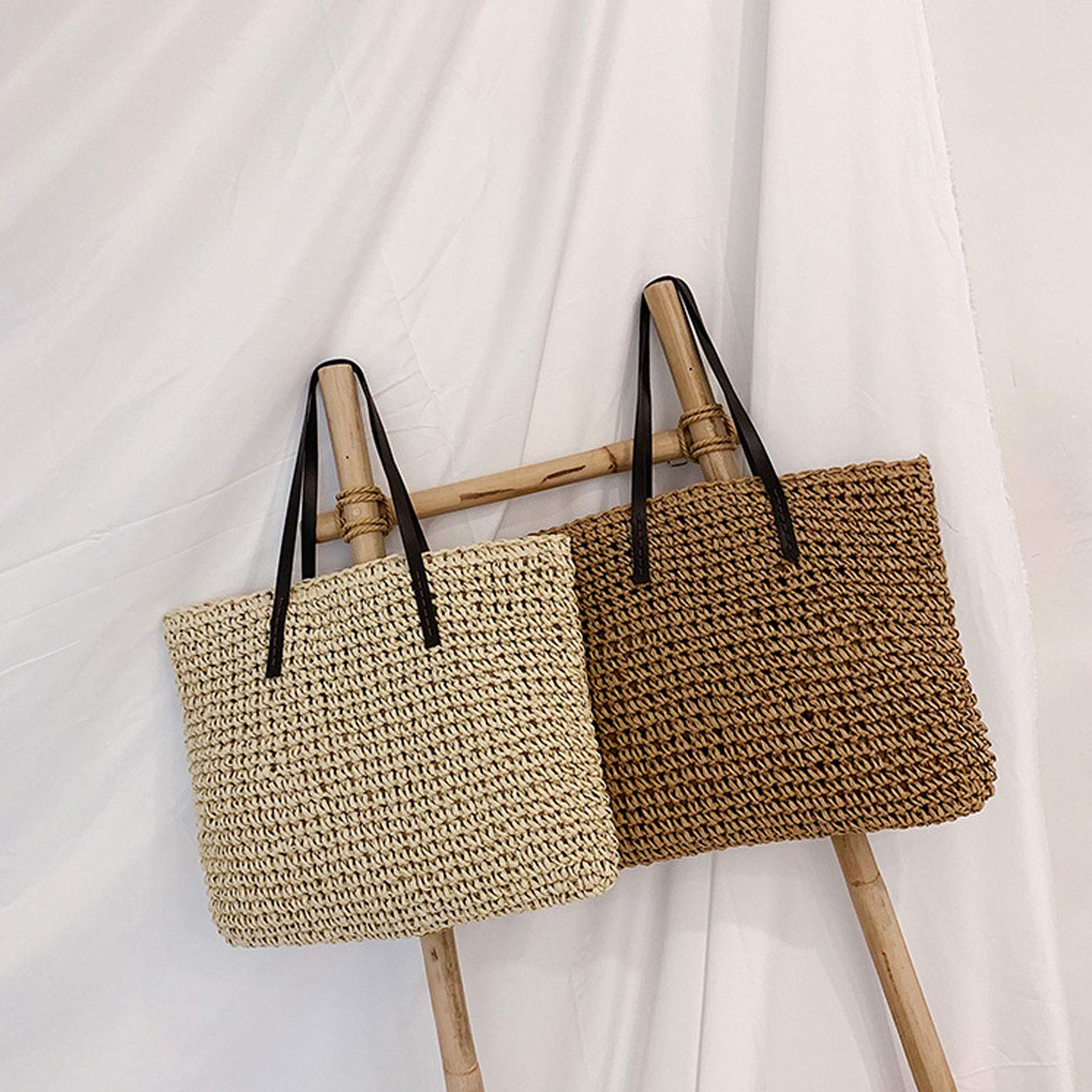 LISSO Women Summer Beach Weaving Shoulder Bag Straw Woven Large Tote for Leisure Vacation Travel (Brown)