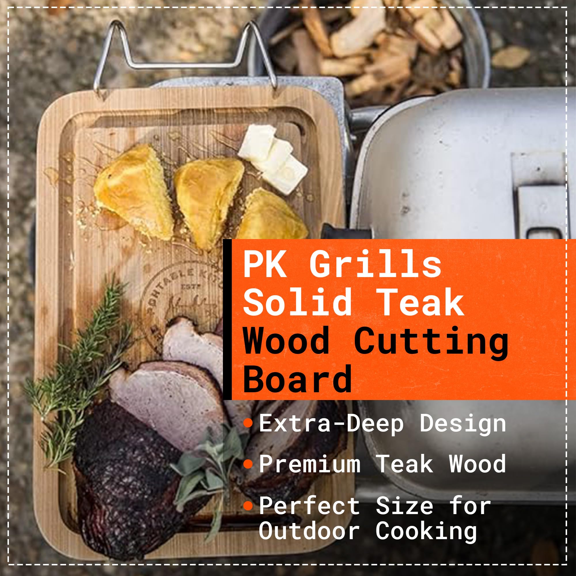 PK Grills Solid Teak Wood Cutting Board for Kitchen, Outdoor, Meat, BBQ, Food, Wooden Chopping Block with Stainless Steel Hanger, PKUA-CB-TW-X