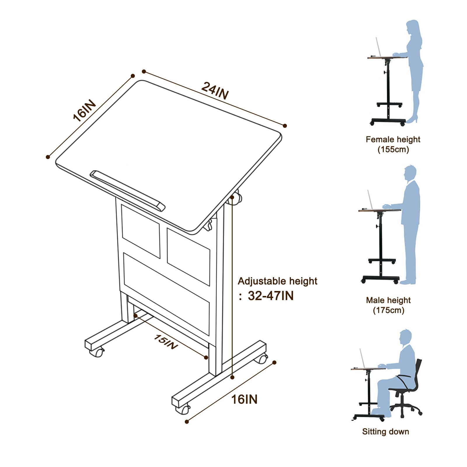 KOUPA Height Adjustable Standing Desk with Storage Bag 16 x 24 in, Portable Rolling Mobile Stand Up Table with Wheels, 360° Flip Laptop Computer Desk for Home Office, Rustic Brown