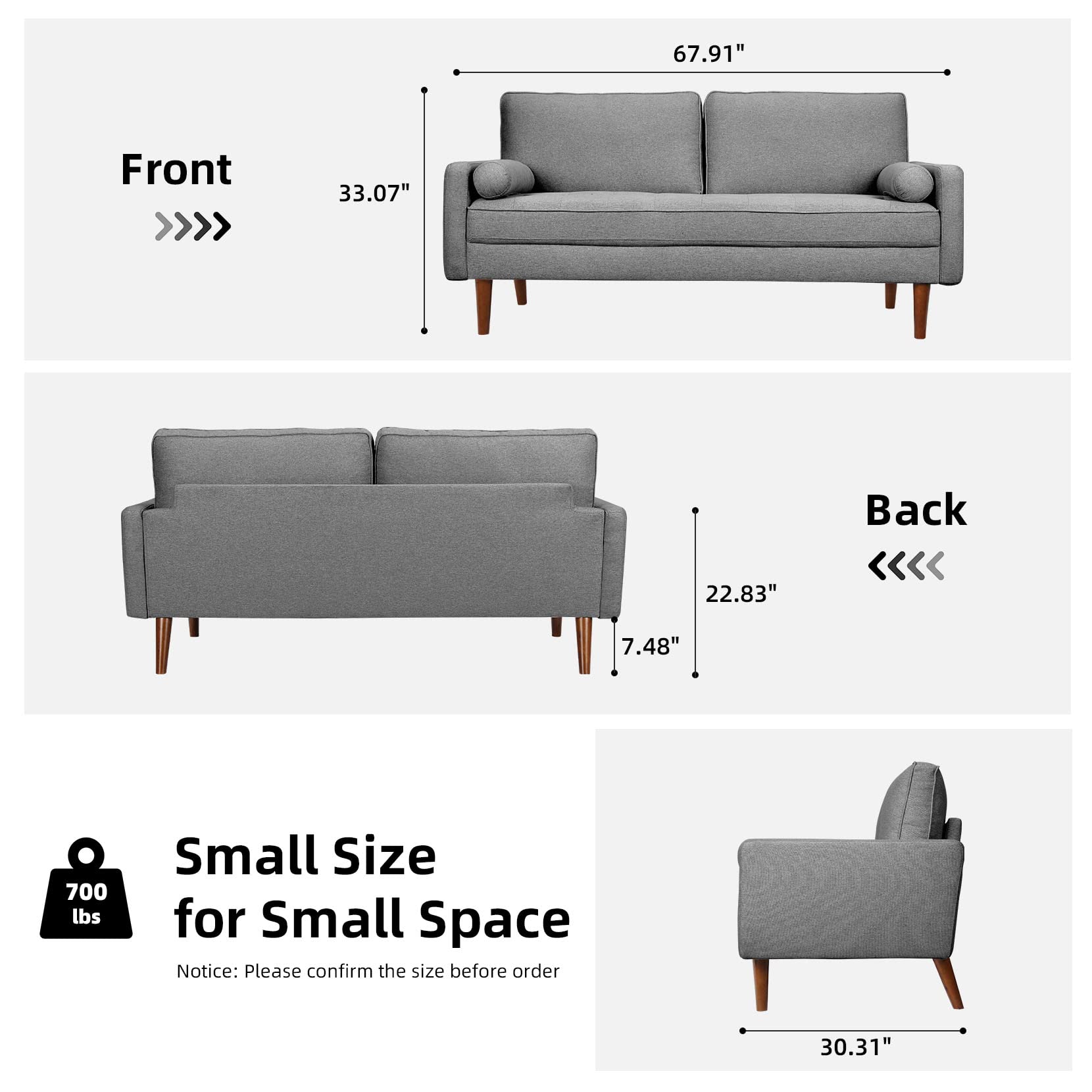 koorlian Sofa Couch, 2 Seater Fabric Loveseat, Mid Century Modern Couches for Living Room, Button Tufted Seat Cushion, Square Armrest, 2 Throw Pillows, Fit for Small Spaces, Dorm, Apart, Grey