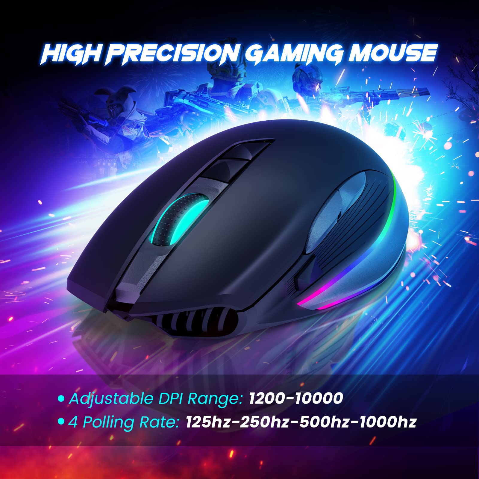 RisoPhy RGB Wireless Gaming Mouse,Rechargeable Wireless Mouse with 6-Level 10000 DPI,Chroma RGB Backlit,8 Programmable Buttons,Lightspeed,Ergonomic Plus USB Computer Mouse for Laptop PC Mac Computer