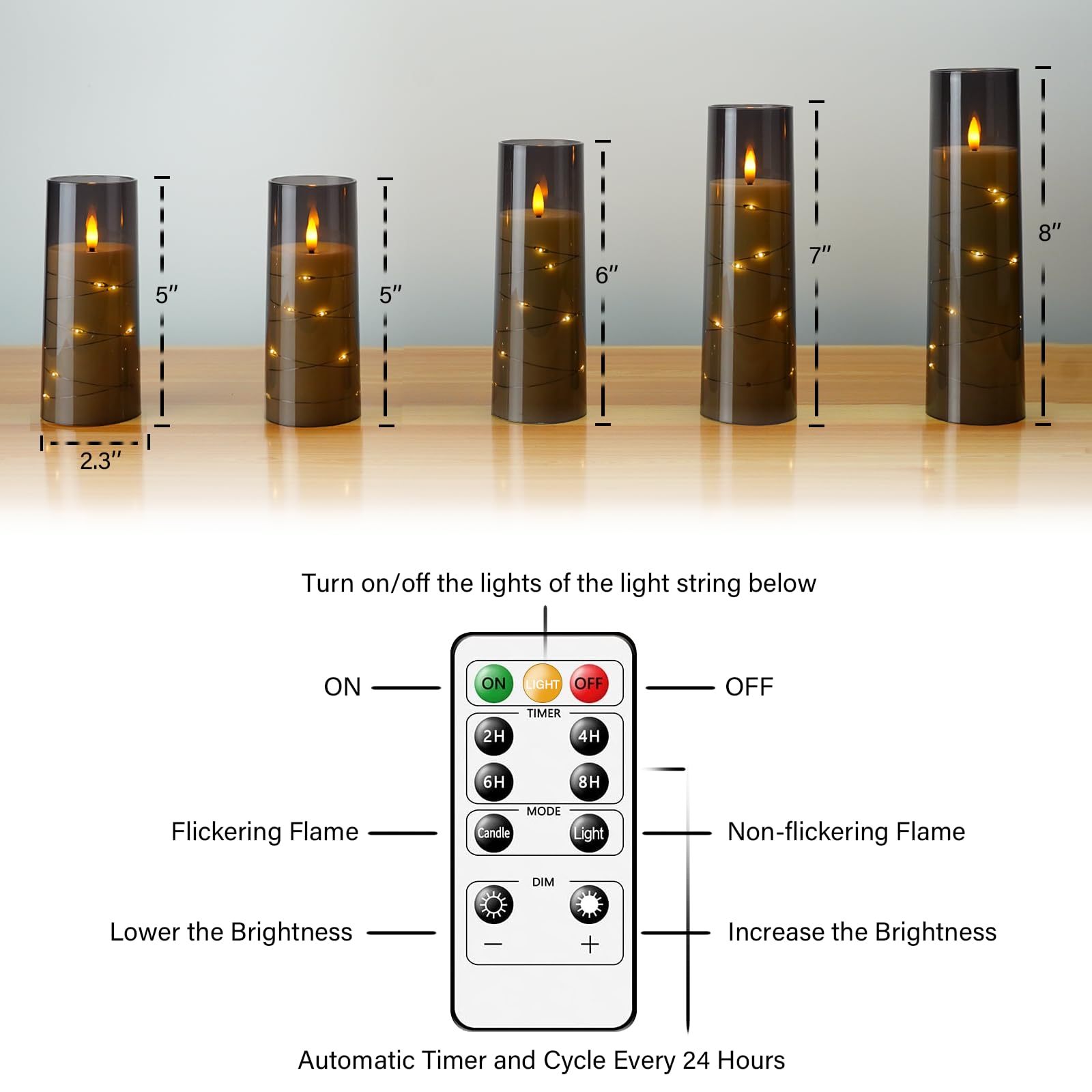 kakoya Flameless LED Candles with Timer 5 Pc Flickering Flameless Candles for Romantic Ambiance and Home Decoration Stable Acrylic Shell,with Embedded Star String,Battery Operated Candles(Grey)
