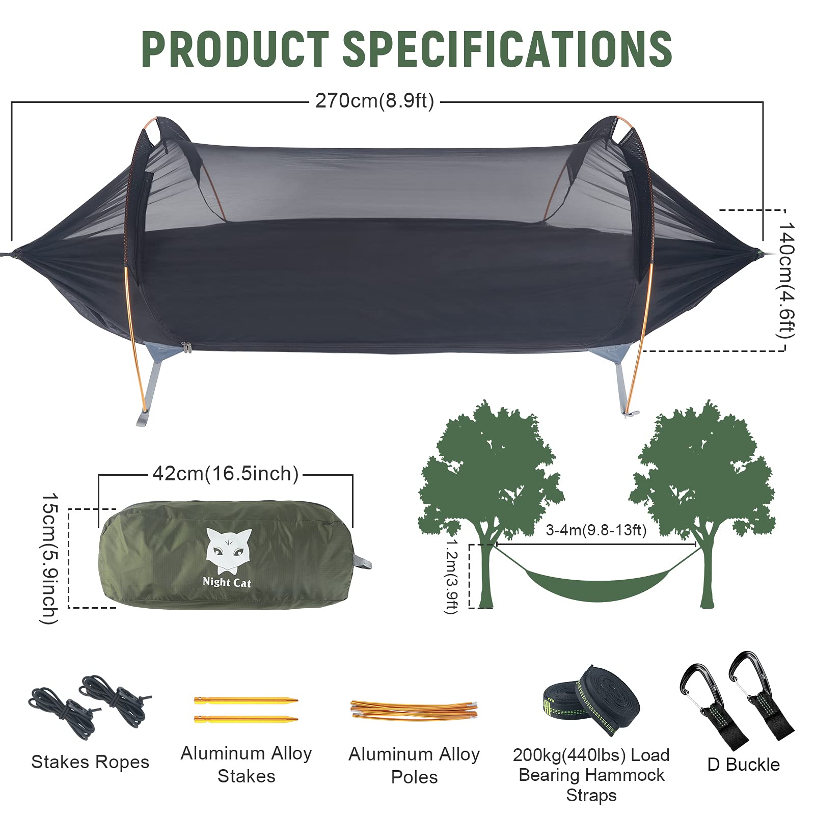 Night Cat Camping Hammock Tent with Hammock Underquilt for 1 Person Hammock Combo Set