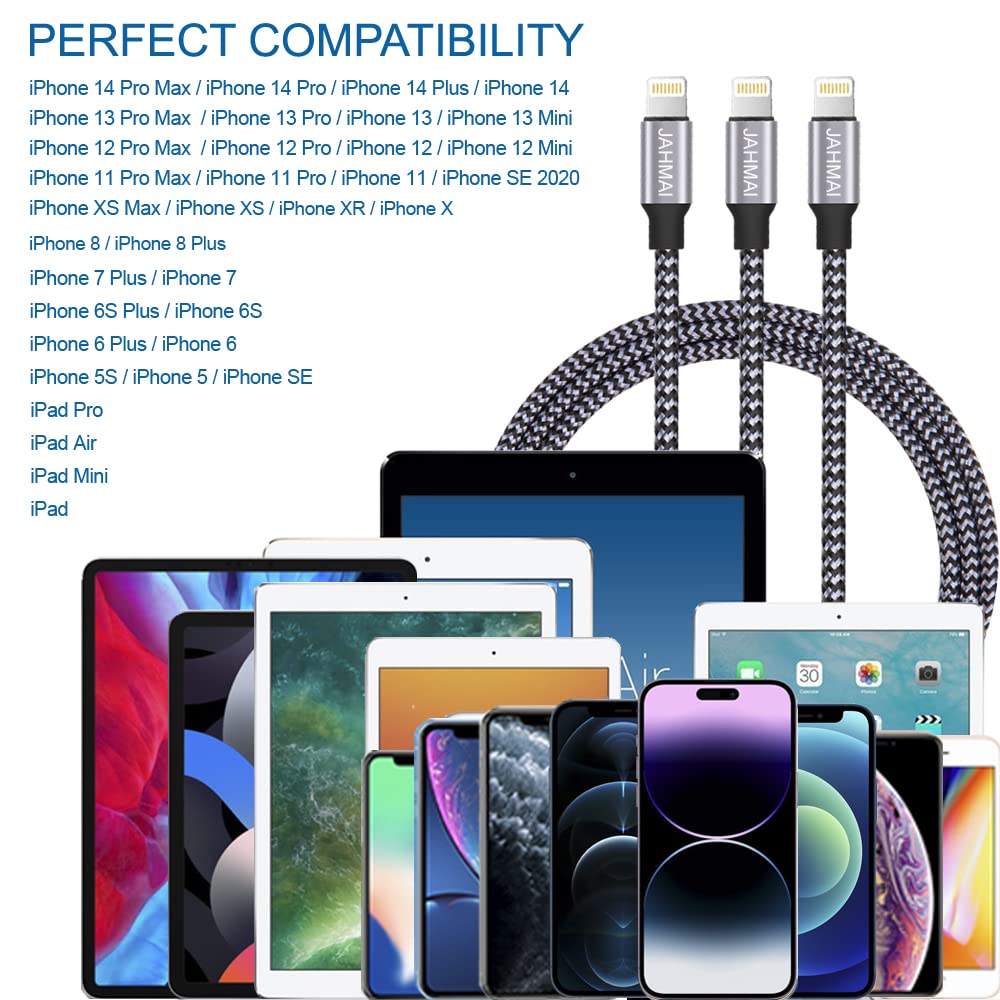 JAHMAI iPhone Charger, Nylon Braided Lightning Cable [MFi Certified] 3Pack 6ft Fast Charging High Speed Data Sync Phone Cord Compatible with iPhone 14 13 12 11 Pro XS MAX XR XS X 8 7 Plus SE iPad