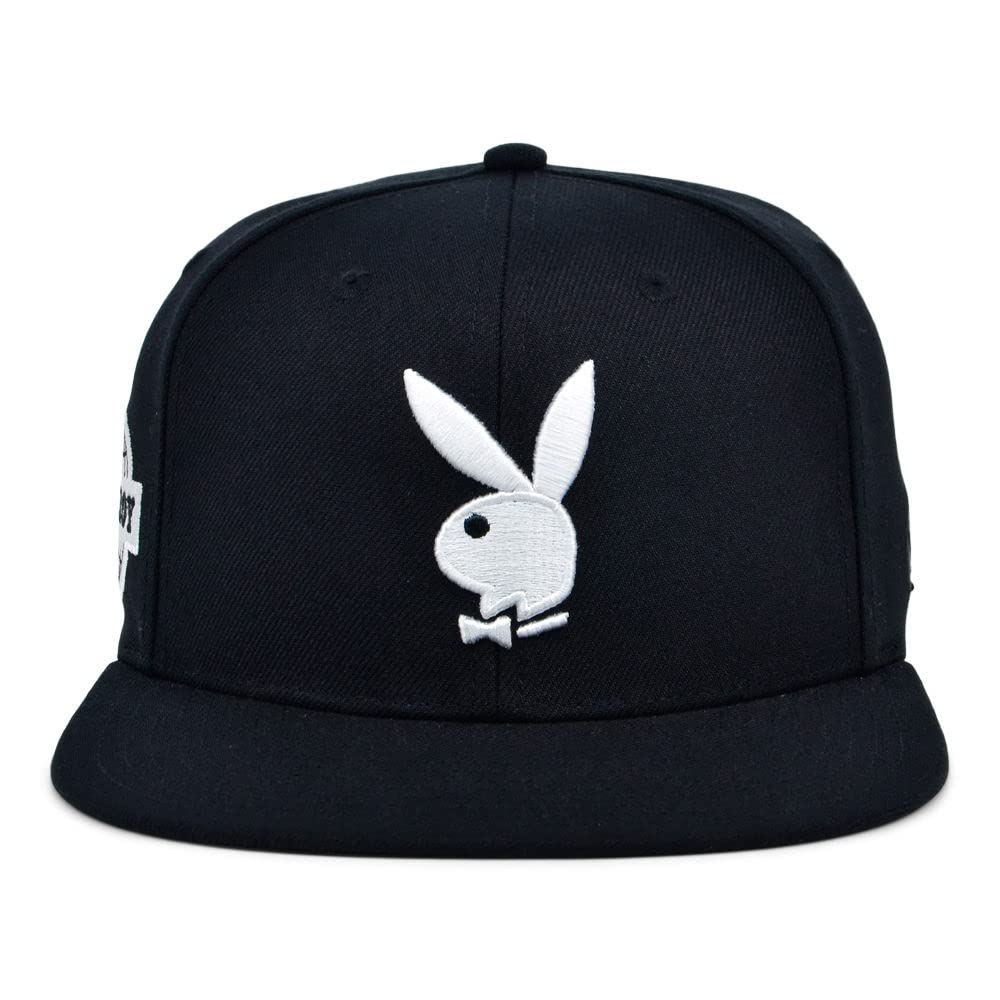 PlayBoy's unisex-adult Tux Flat Bill Adjustable Snapback Hat, Black/White, One Size