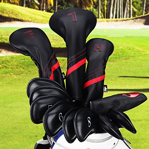 Litchi Pattern Red Stripes Black Golf Headcovers for Fairway Wood Club (Wood Cover F)
