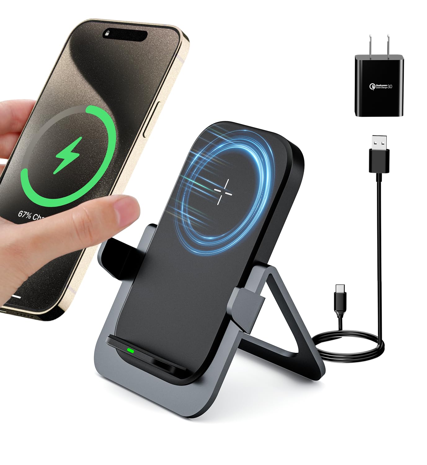 KPON Wireless Charging Stand,15W Fast Wireless Phone Charger for Thick Cases,Compatible with iPhone 15 14 13 12 11Pro Max/XR/XS Max/XS/X/8/8Plus Galaxy S22/S21/S9/S8(with QC Adapter)