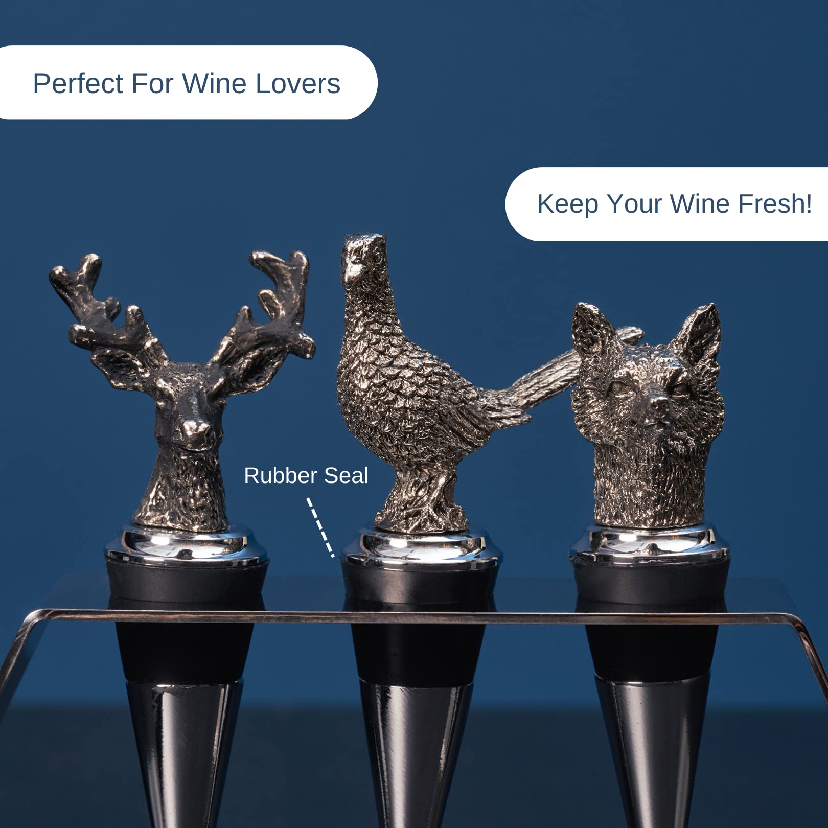 Rigeli Regent Stainless Steel 3-Piece Animal Stoppers Set (Trapezium Holder) Classic Design 3 Piece Wine Stopper Set, Bottle Stoppers with stand - Set of 3