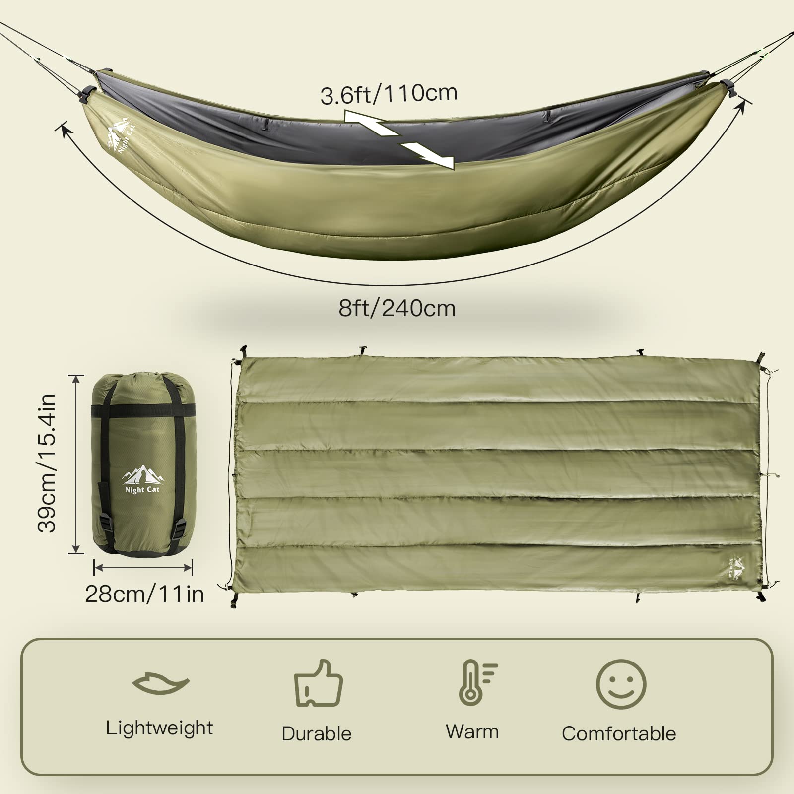 Night Cat Hammock Underquilts Sleeping Bag Single Insulated Under Blanket for Hammock 4 Seasons Lightweight Soft Warm 5-20β 8x3.6ft Army Green