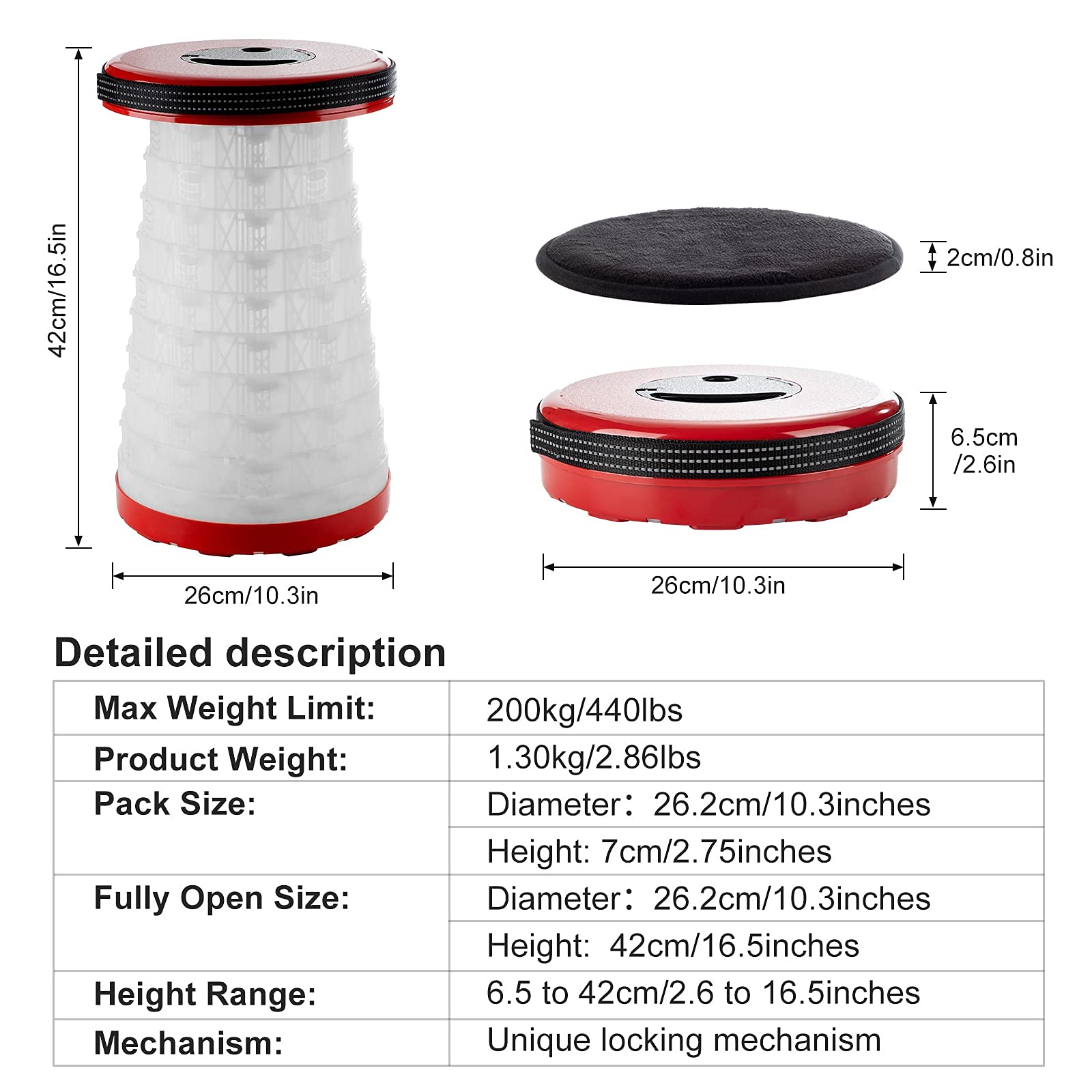 Night Cat Upgraded Folding Stools with Light for Adults Camping Retractable Plastic Chair Lightweight Portable Collapsible Stool with Cushion for Outdoors Indoors Max Load 440lbs