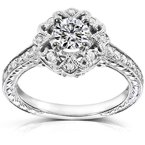 Kobelli Moissanite (GH) and Diamond Floral Antique Style Engagement Ring 2/3 CTW 14k White Gold, 10