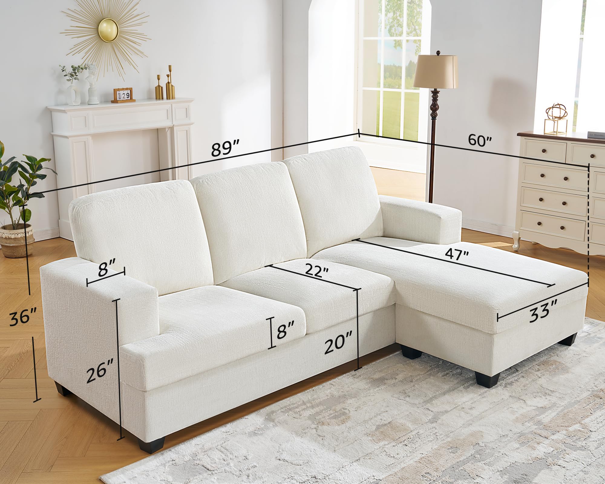VanAcc 89 Inch Convertible Sofa with Storage, Reversible L Shape Sofa Couch with Chaise, Comfy couches for Living Room, Beige Chenille