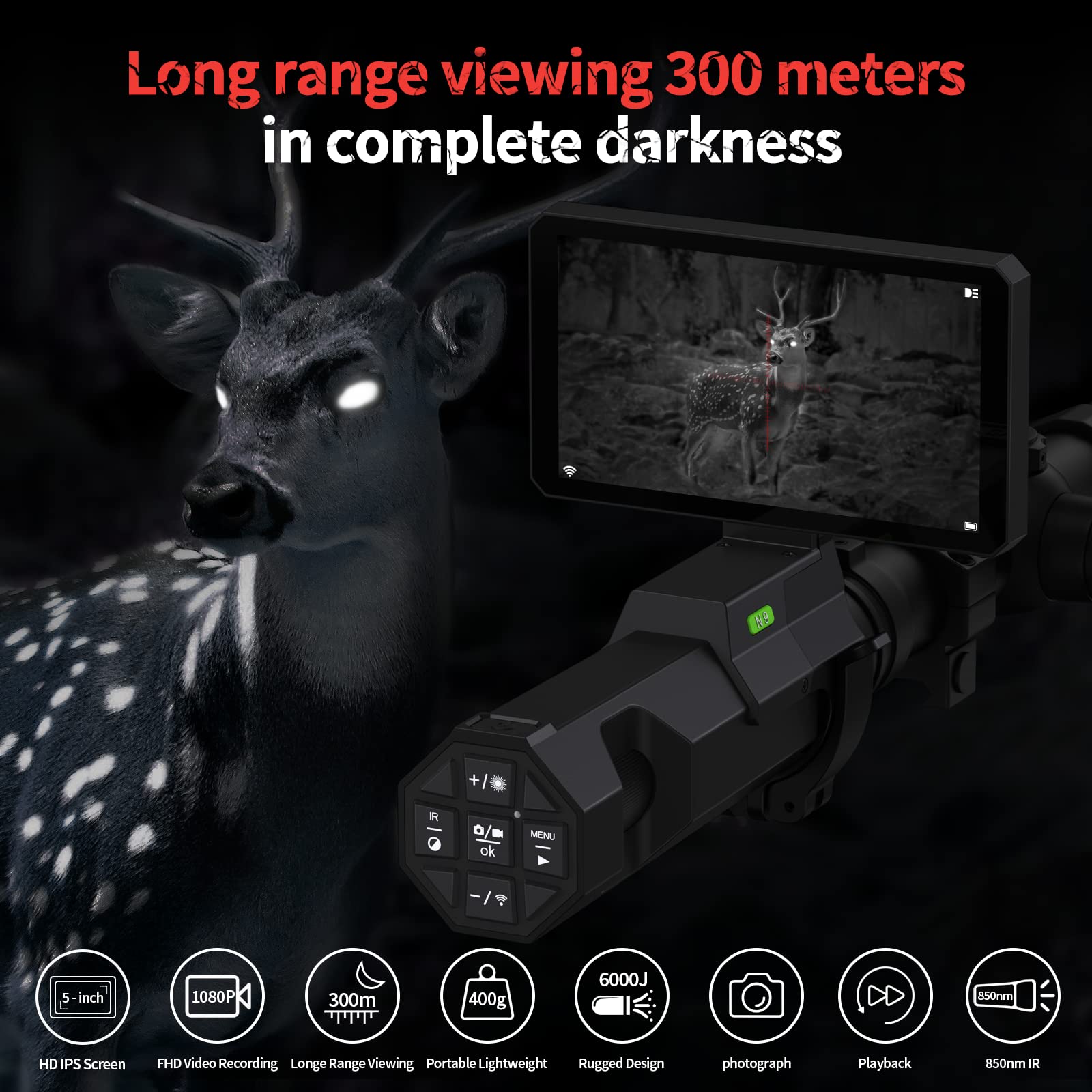 Night Vision Scope for Hunting Monocular 1080P,Clip on Scope with IR 850nm &940nm,Infrared Hunting Scopes for Rifles,IR Illuminator with WiFi for Day Night Viewing