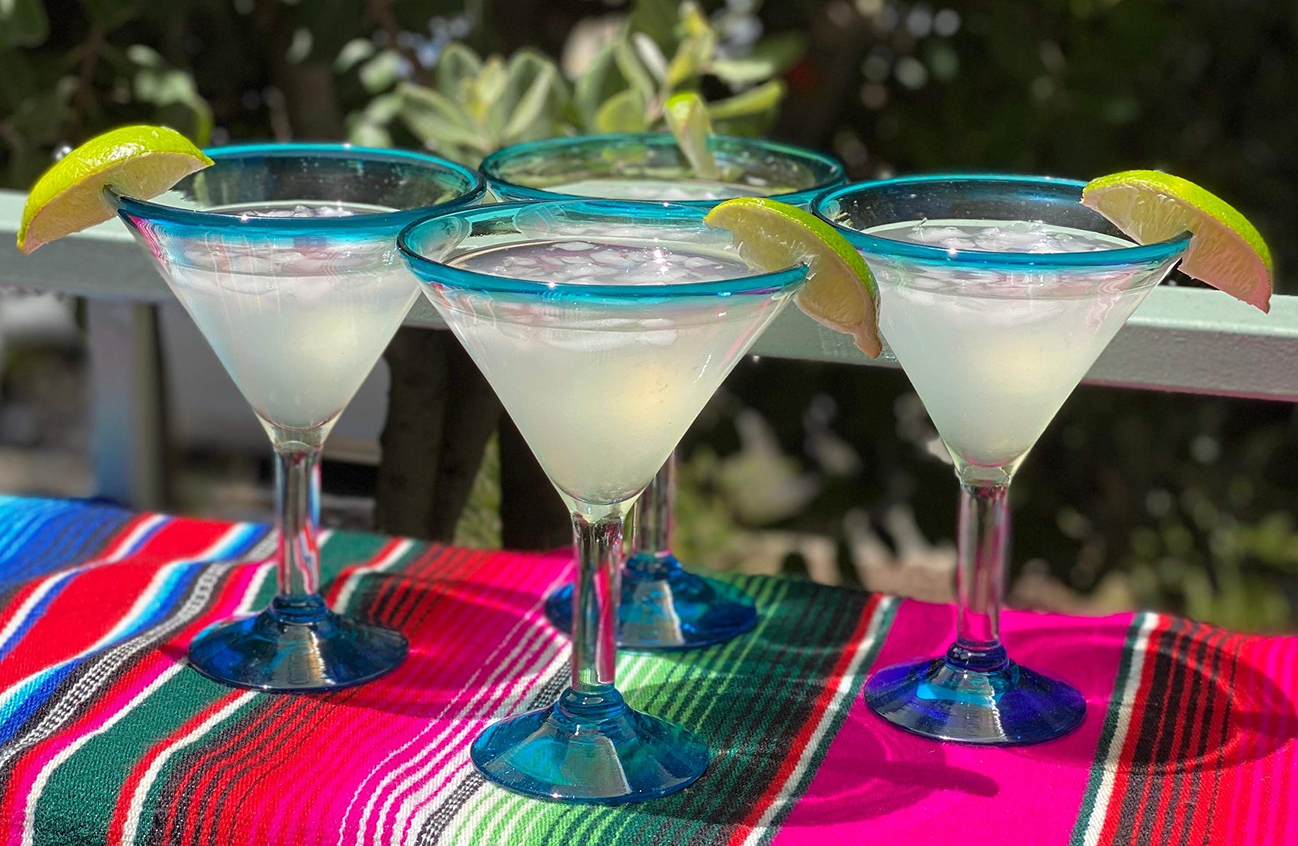 Mexican Hand Blown Glass – Set of 4 Hand Blown Modern Margarita Glasses - Aqua Rim (12 oz)