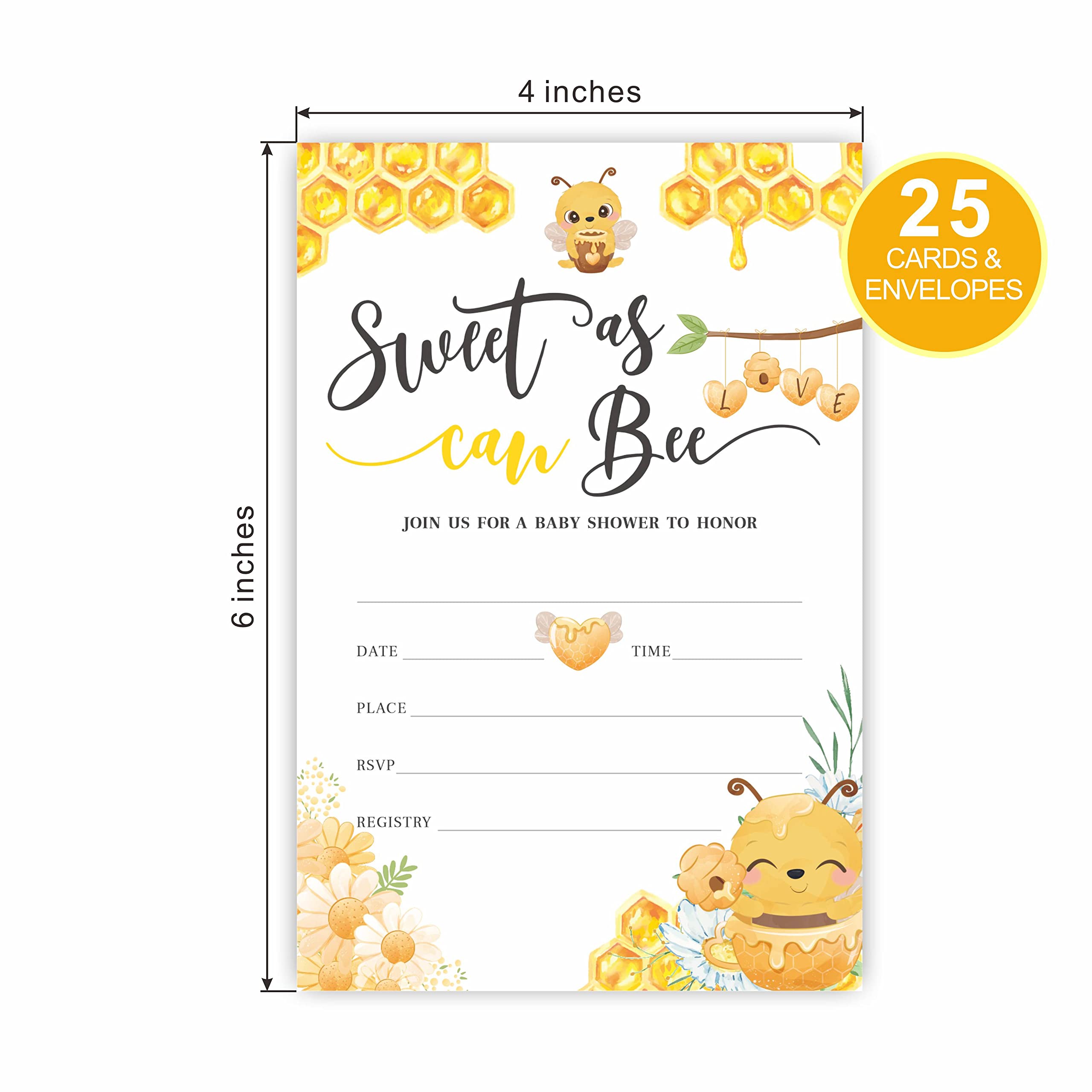 Sweet as Can Bee, Baby Shower Invitation Cards With Envelopes, Invites for Baby Showers and Parties - Pack of 25-(YQK-013)