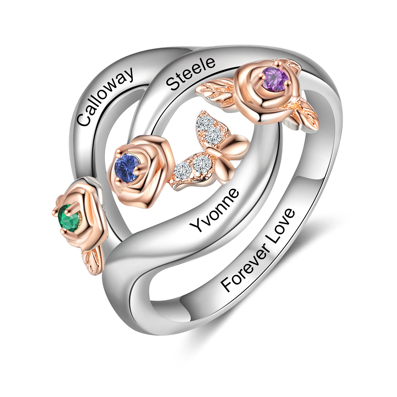 LanM Mothers Day Gifts Mothers Rings with 3 Birthstones Rose Ring Personalized Sterling Silver Custom Mom Ring with Name Gift for Wife Grandmother Family
