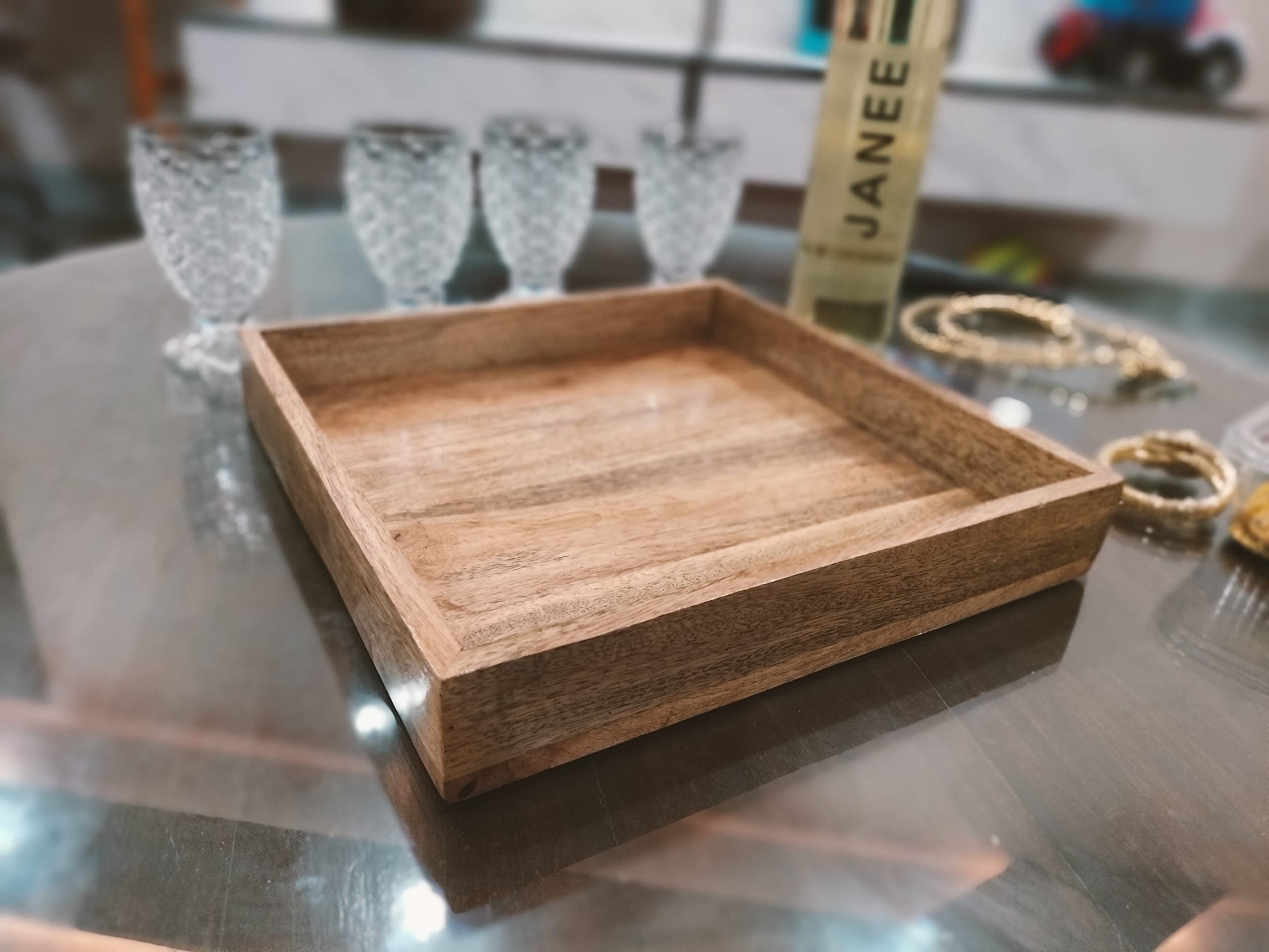 Natural Brown Wood Large Square Shaped Rustic Wooden Serving Tray Farmhouse Decor Square Top Breakfast Trays Tea Cheese Board Coffee Table