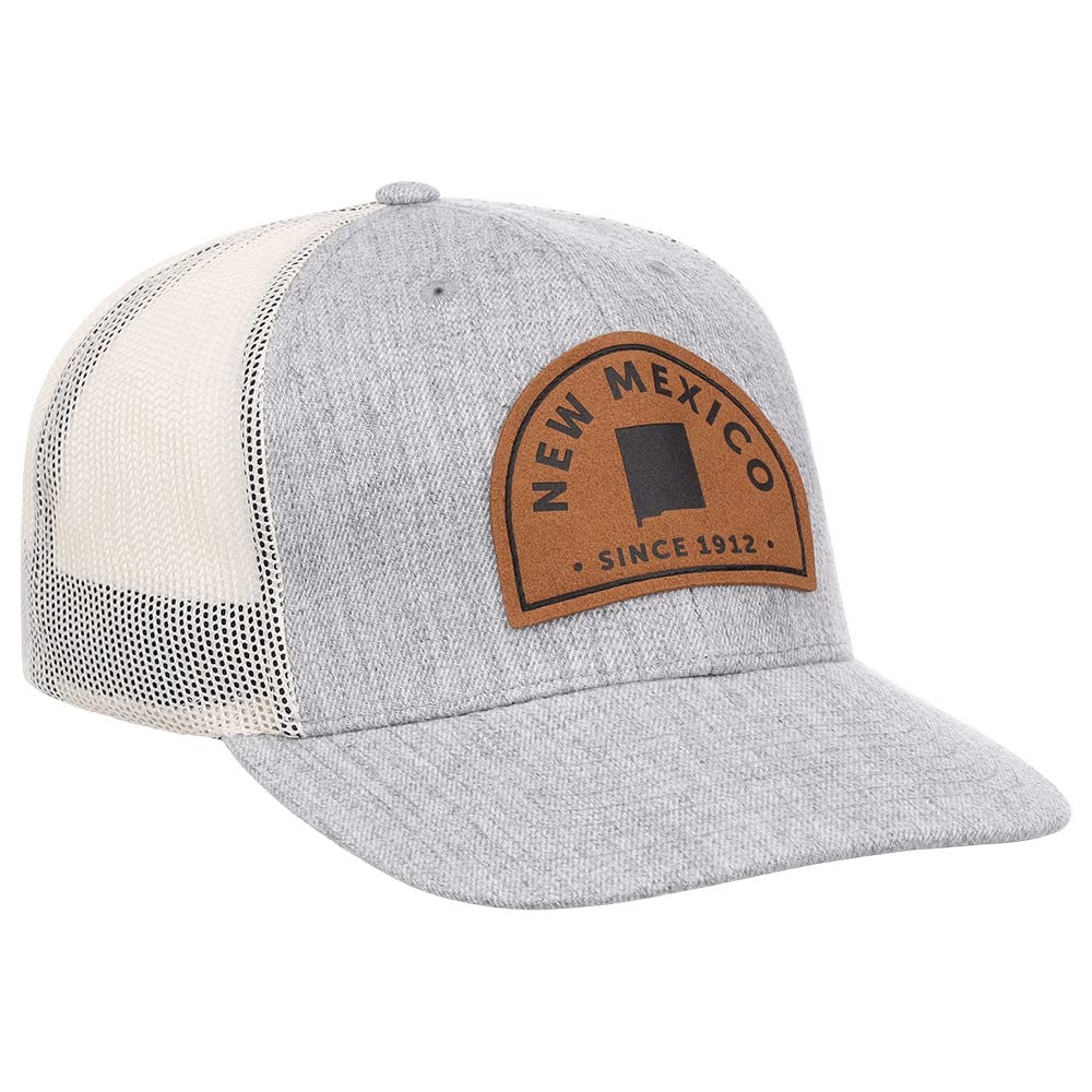 Local Crowns New Mexico Heather Leather State Patch Curved Trucker Flag Adjustable Heather-Gray, White, and Brown Snapback Cap