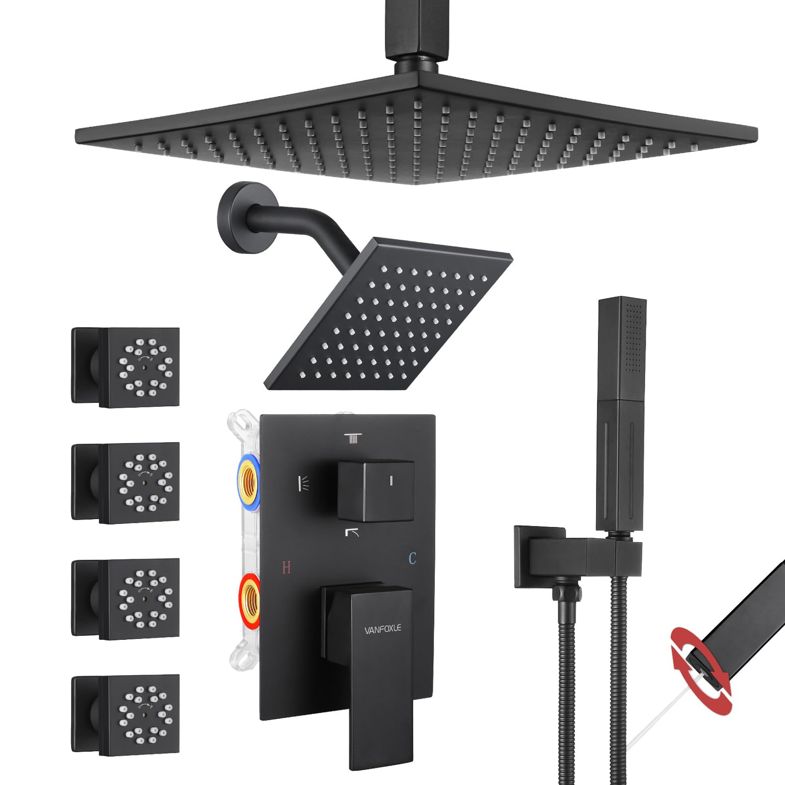 VANFOXLE Shower Faucet Set Matte Black Shower System,Four Modes Shower Faucet with 2 in 1 Handheld,Ceiling Mount 10 Inch Shower Head with 6 Inch Shower Head, 4 PCS Dual Modes Body Jets