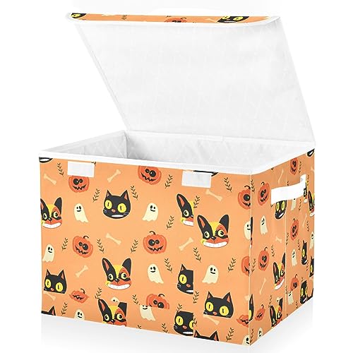 Krafig Foldable Storage Box Large Cube Organizer Bins Cute Halloween Black Cat Dog Containers Baskets with Lids Handles for Closet Organization, Shelves, Clothes, Toys