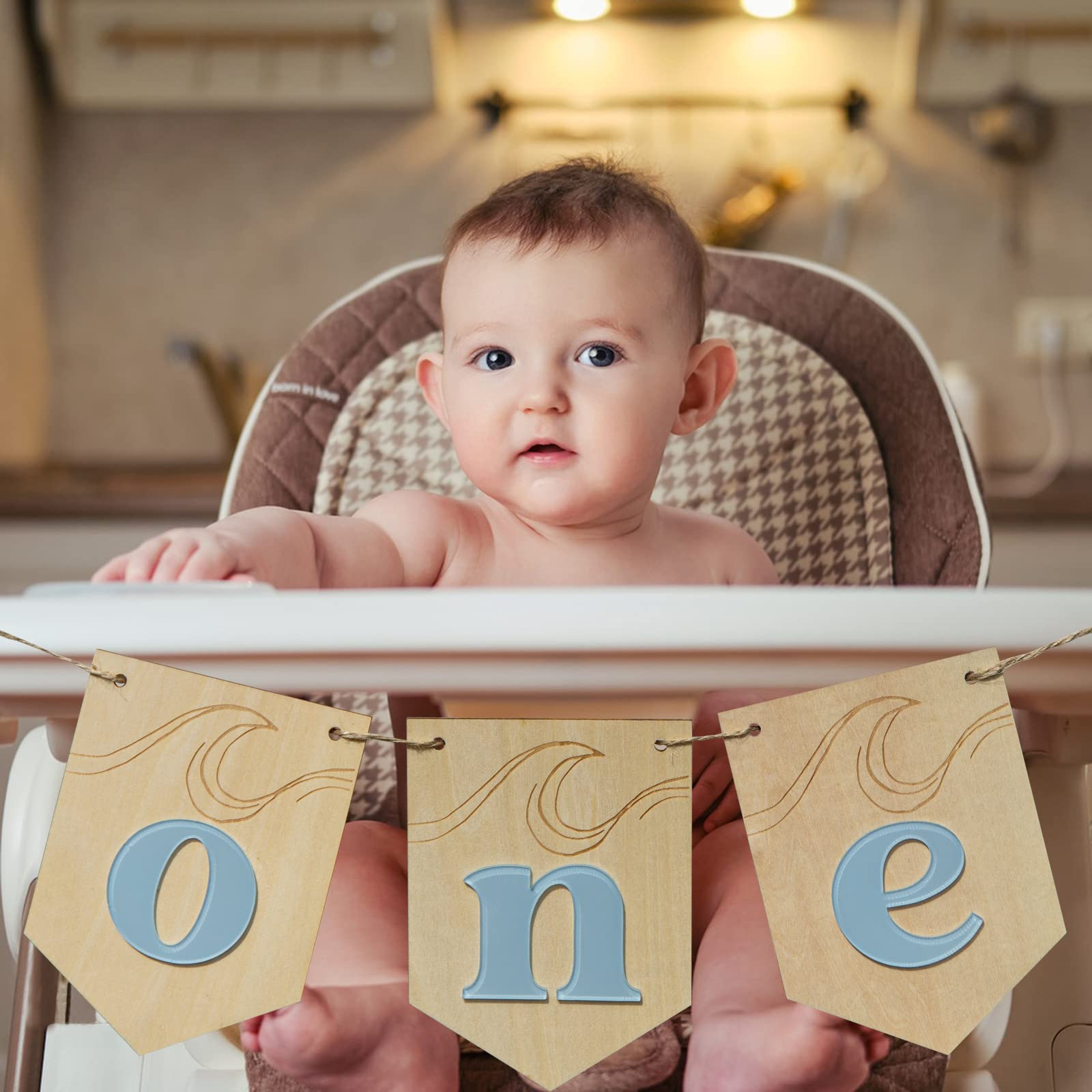 Lintran Surf Theme Wood One Banner - Wooden Letters Banner for 1st Birthday, High Chair Decoration