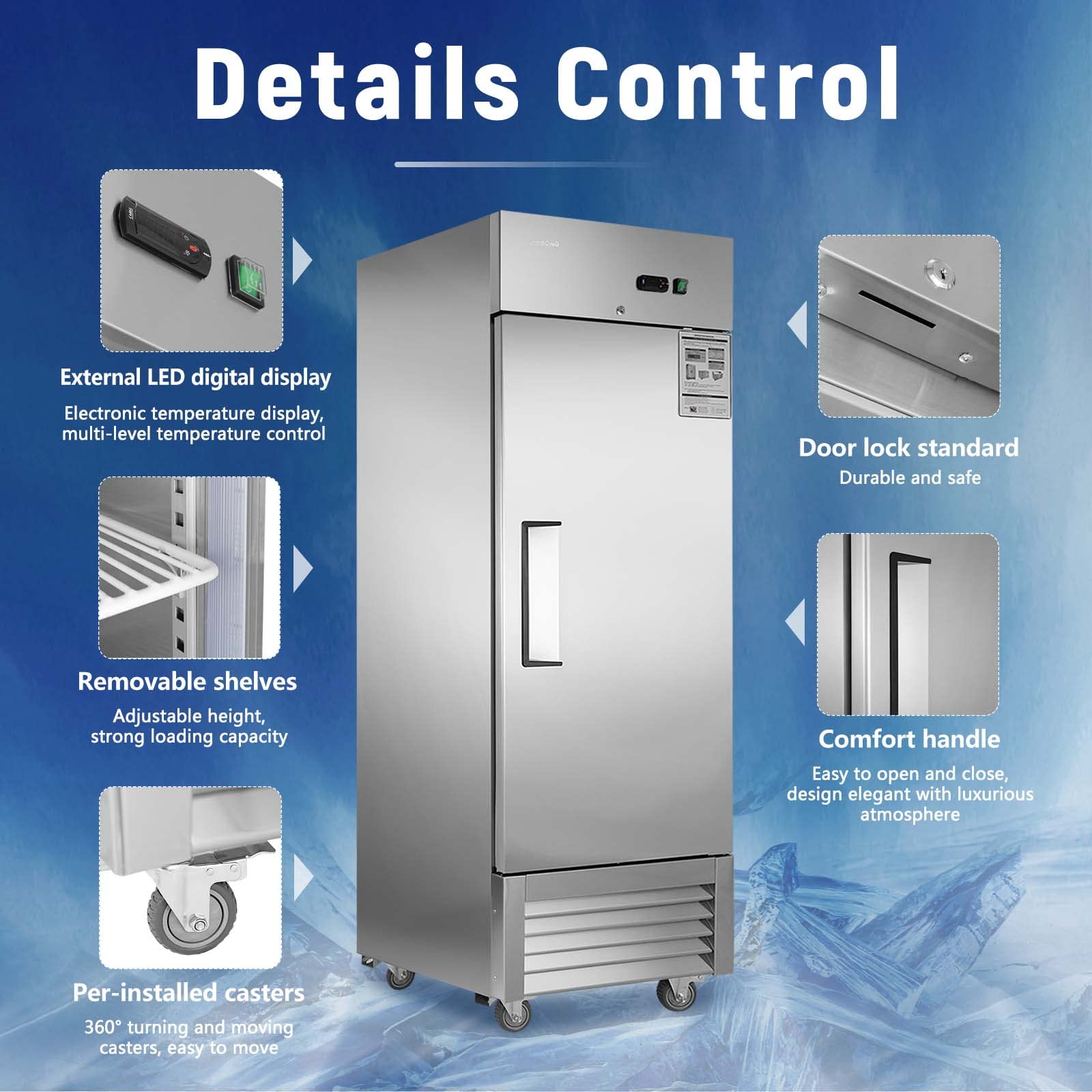 JINSONG 27" Commercial Freezer with Single Solid Door, 23 cu.ft Stainless Steel Reach-in Freezer for Restaurant, Bar, Shop, Residential