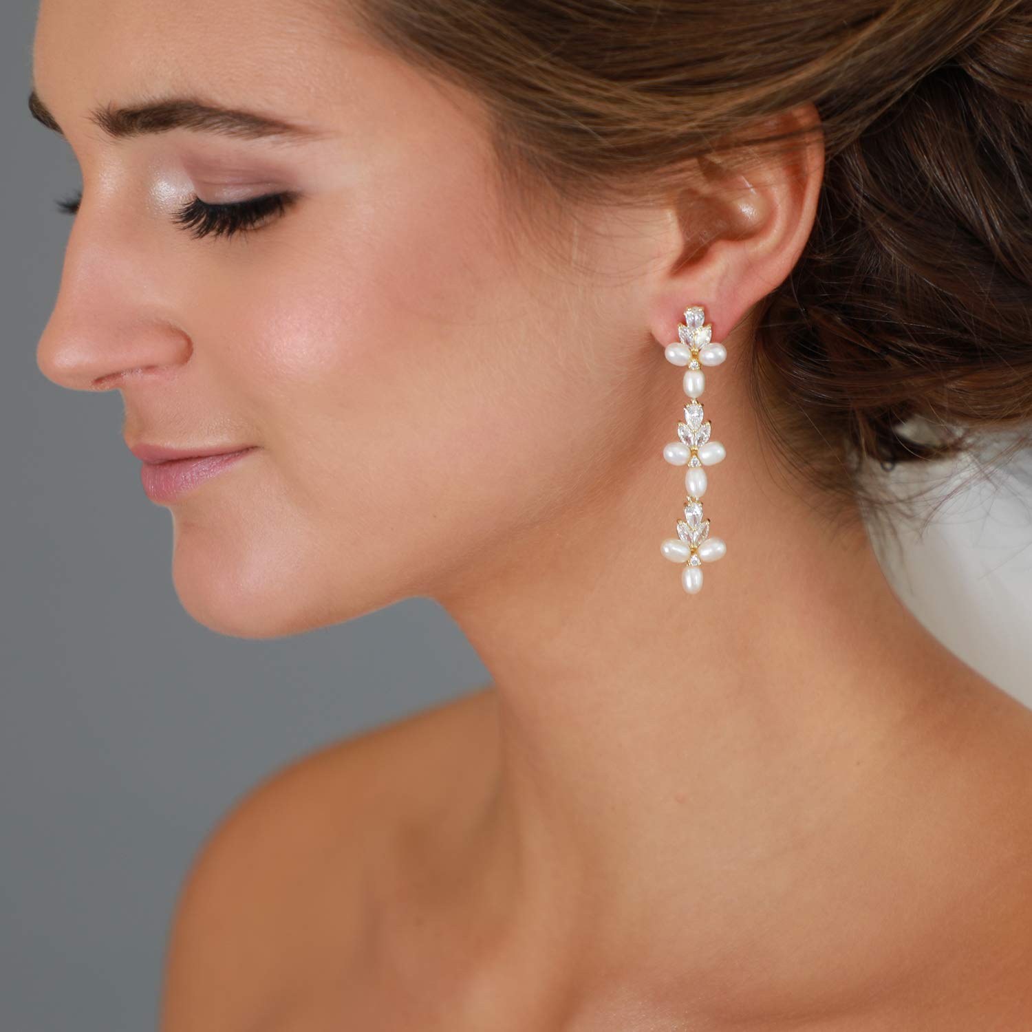 Mariell Freshwater Pearl Gold Dangle Bridal and Wedding Earring with Cubic Zirconia Crystal, Prom Jewelry