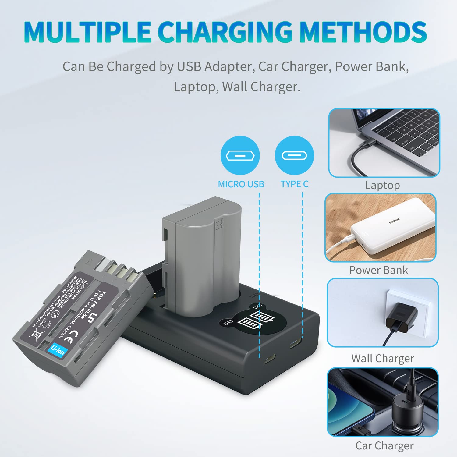 LP EN-EL3e Battery 2-Pack Dual USB Charger with Display for Nikon EN EL3e, EL3, EL3a, MH-18, MH-18a, MH-19, Compatible with Nikon D700, D300s, D300, D200, D100, D90, D80, D70s, D70, D50 & More