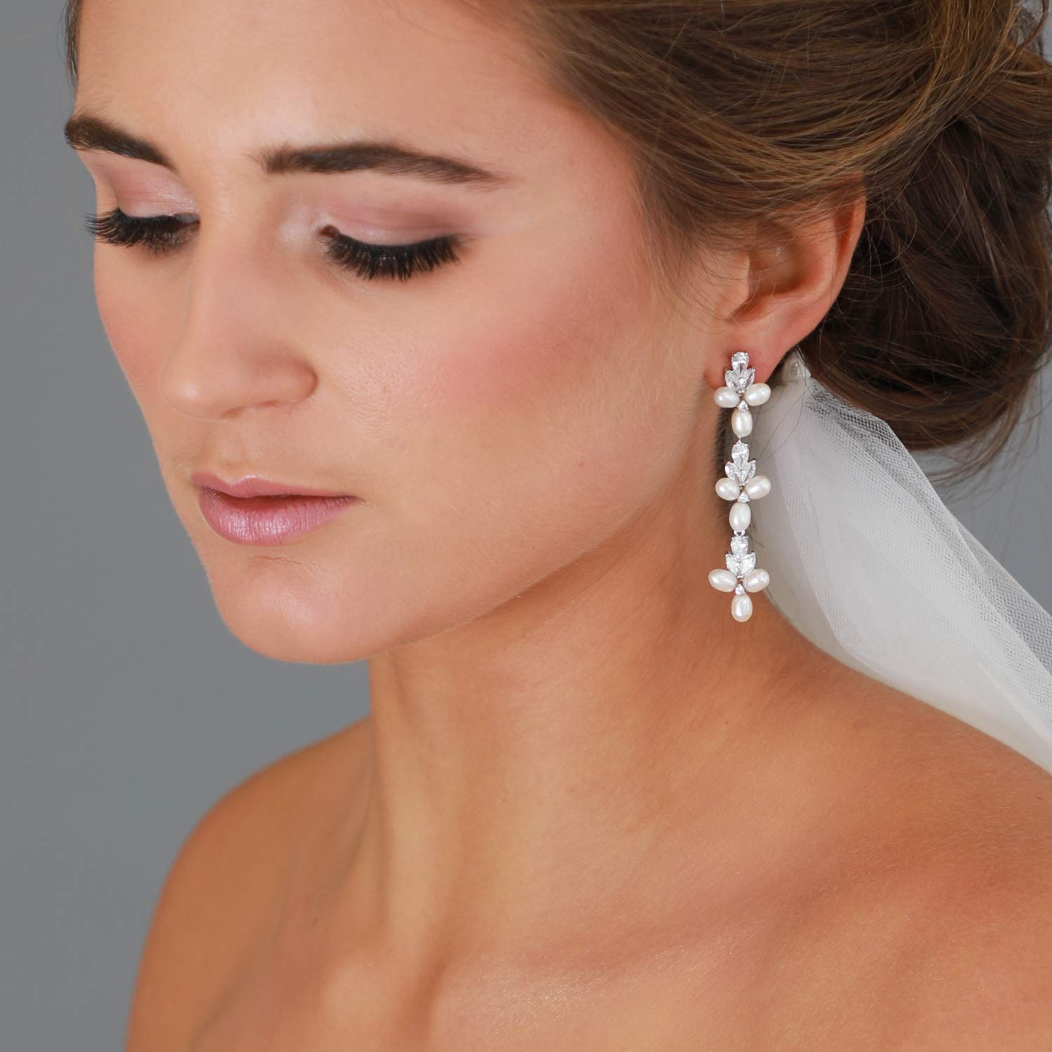 Mariell Freshwater Pearl Dangle Bridal and Wedding Earring with Cubic Zirconia Crystal, Prom Jewelry Gift