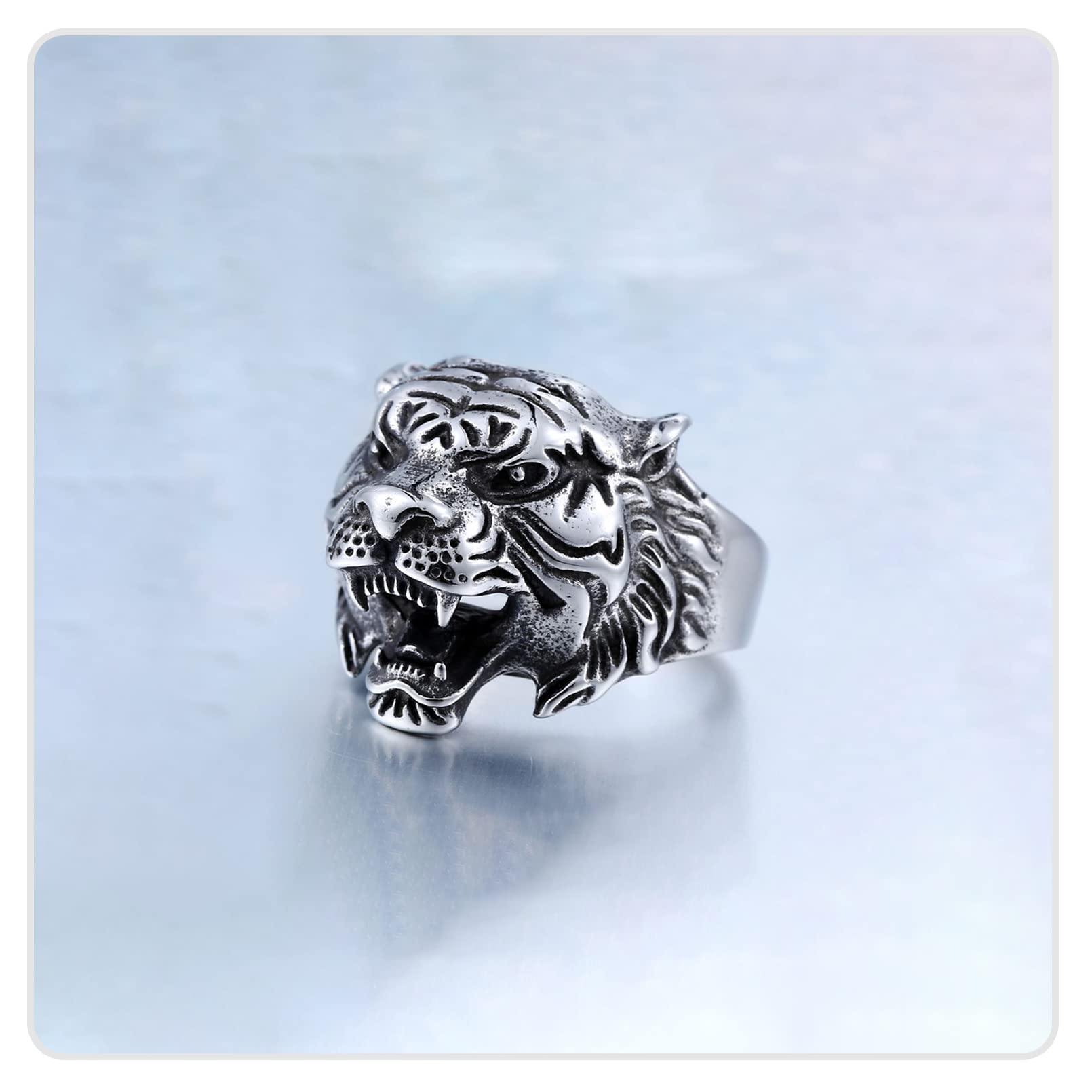Nsitbbuery Hip Hop Jewelry Biker Ring Stainless Steel Tiger Head Band Ring(Steel(7))