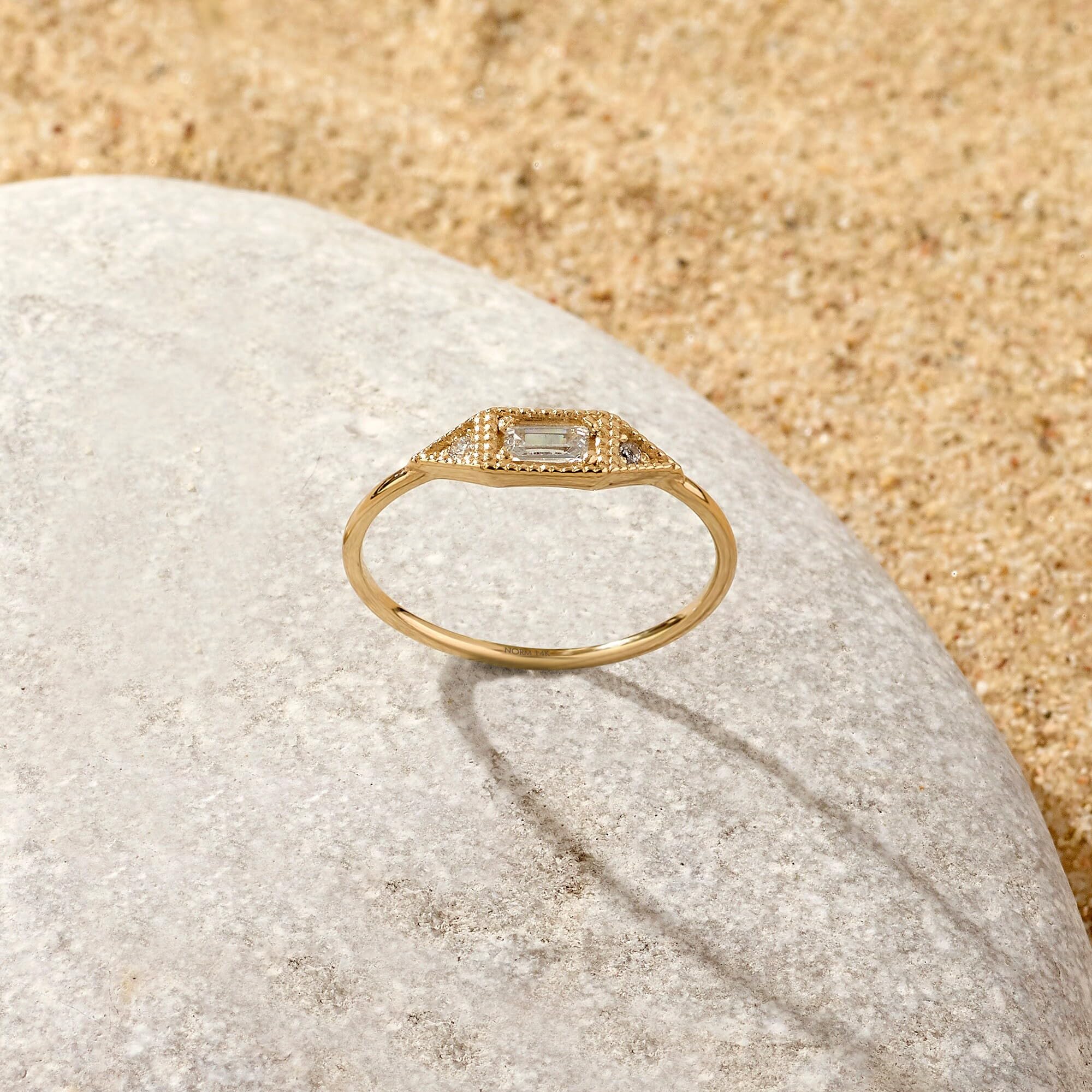 Norm Jewels 14k Gold Pinky Ring for Women Vintage Design Stackable Rings, Baguette Cz Rings, Solid Gold Rings, Real Gold Band Statement Ring (Yellow Gold, 6)